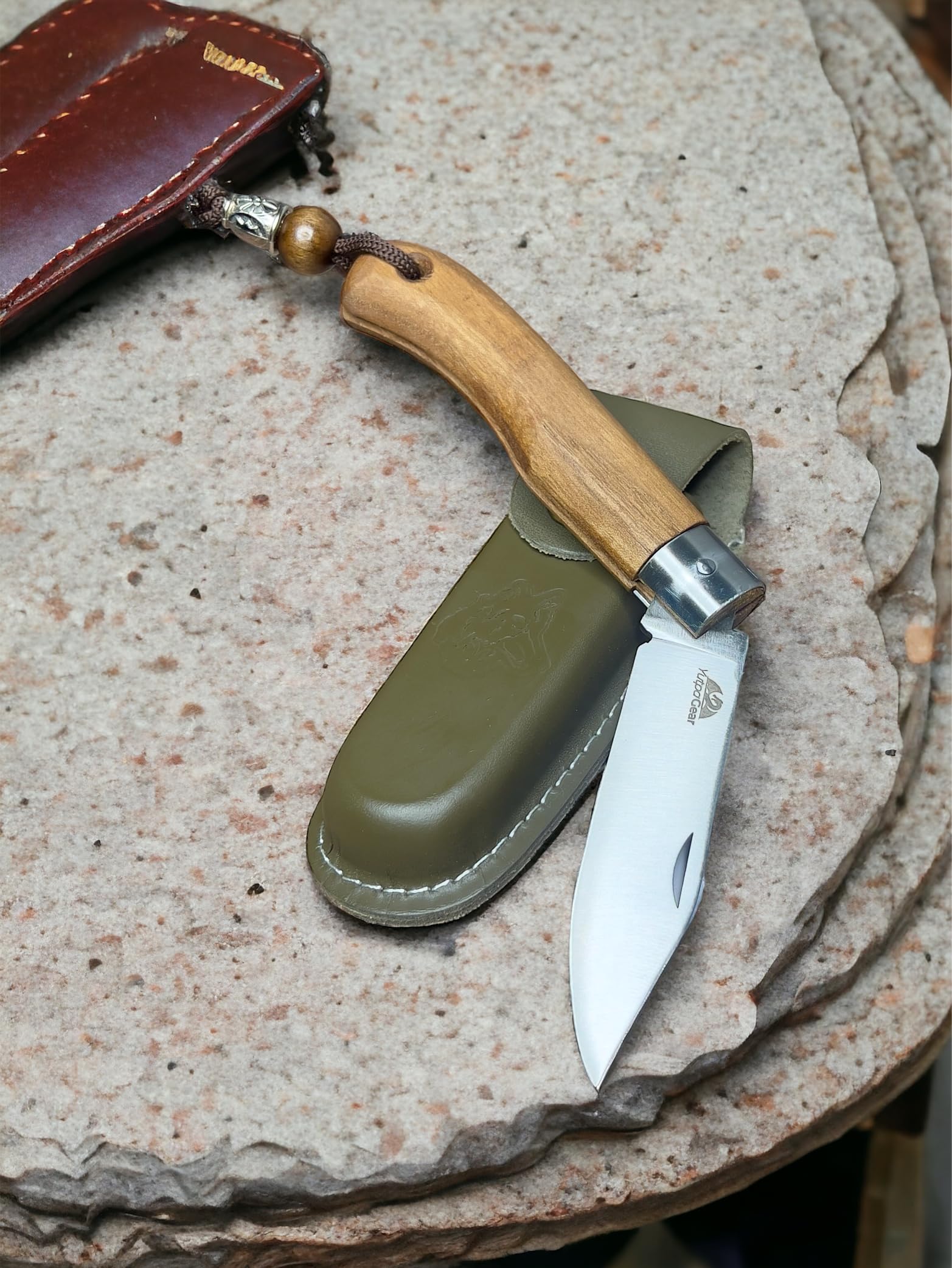 Yutpa Gear Hand Forged Knives Folding Pocket Knife 3.54" Stainless Steel Blade Plain Edge and Handmade Wood Handle with Leather Sheath - Rauros Survival EDC
