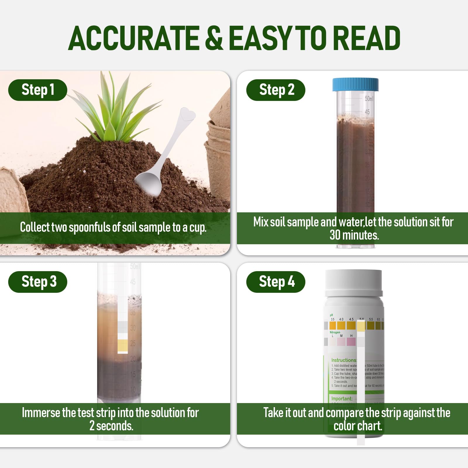 PooTe Soil pH Test Kit - 100 Strips 2-in-1 Soil Testing Kit (3.5-9 Range) with Plastic Tube - Professional Tester Soil Nitrogen & pH for Garden Home Lawn Grass Yard, Green