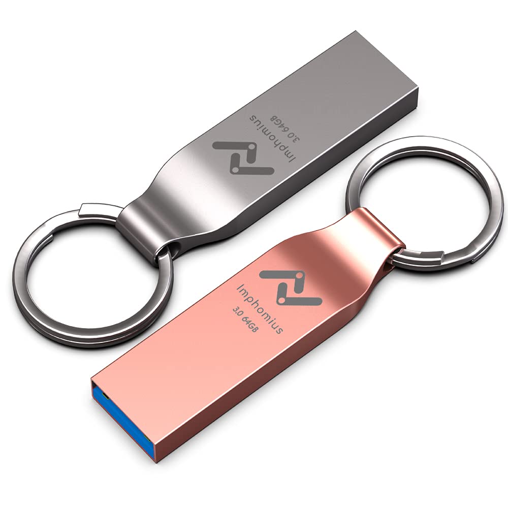 Imphomius 64GB USB 3.0 Flash Drive 2 Pack Metal Thumb Drive with Keychain 64 GB Waterproof Jump Drive 2Pack Memory Sticks for Computer/ Laptop Storage Backup (Rose Gold/ Silver)