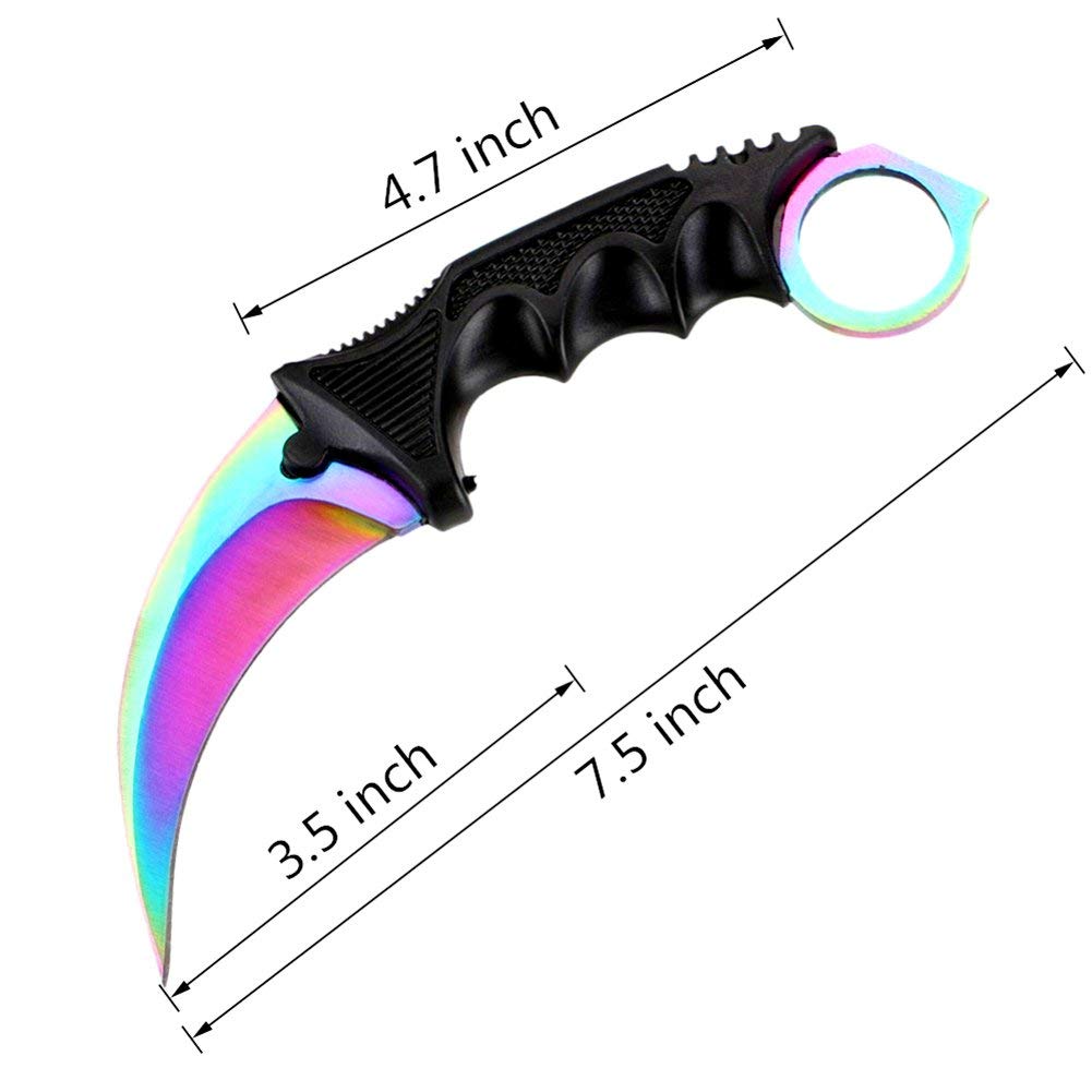 Karambit Knife, Set of 2, CS-GO for Hunting Camping Fishing and Field Survival, Stainless Steel Fixed Blade Tactical Knife with Sheath and Cord (Black+Rainbow).