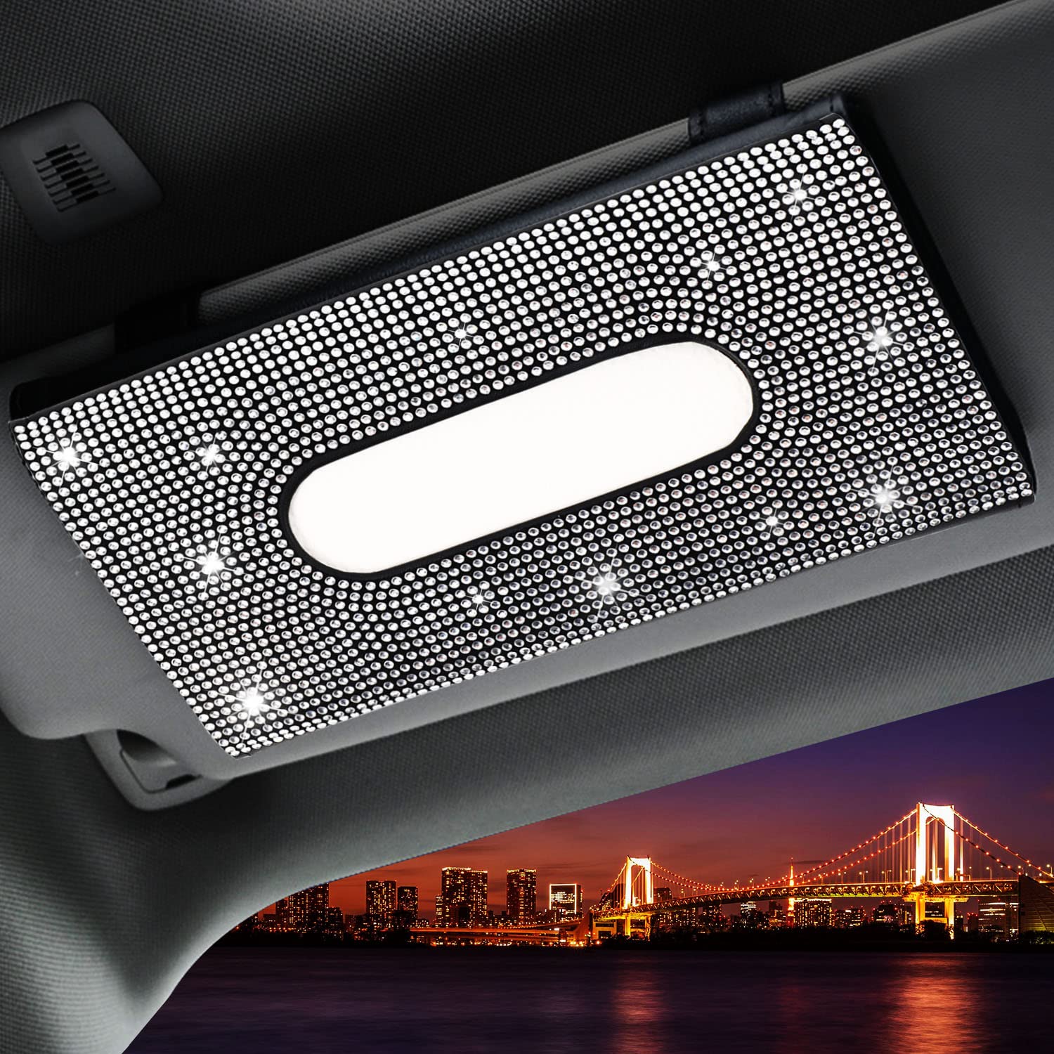 Kodagia Car Sun Visor Tissue Box, Sparkly PU Leather Holder for Sun Visor, Crystals Bling Napkin Holder Paper Towel Cover Case Mask Holder with Glitter Mask Hook Clip, Gift