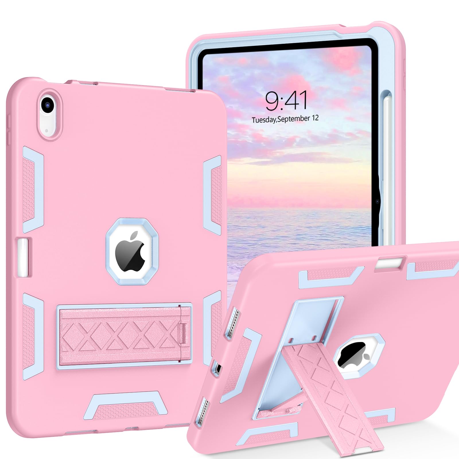 Telaso iPad 10th Generation Case 10.9 inch 2022, iPad 10 Case with Kickstand 3 Layers Heavy Duty Hybrid Soft Silicone Shockproof Protective Case with Pencil Holder for iPad 10th Gen, Pink/Purple