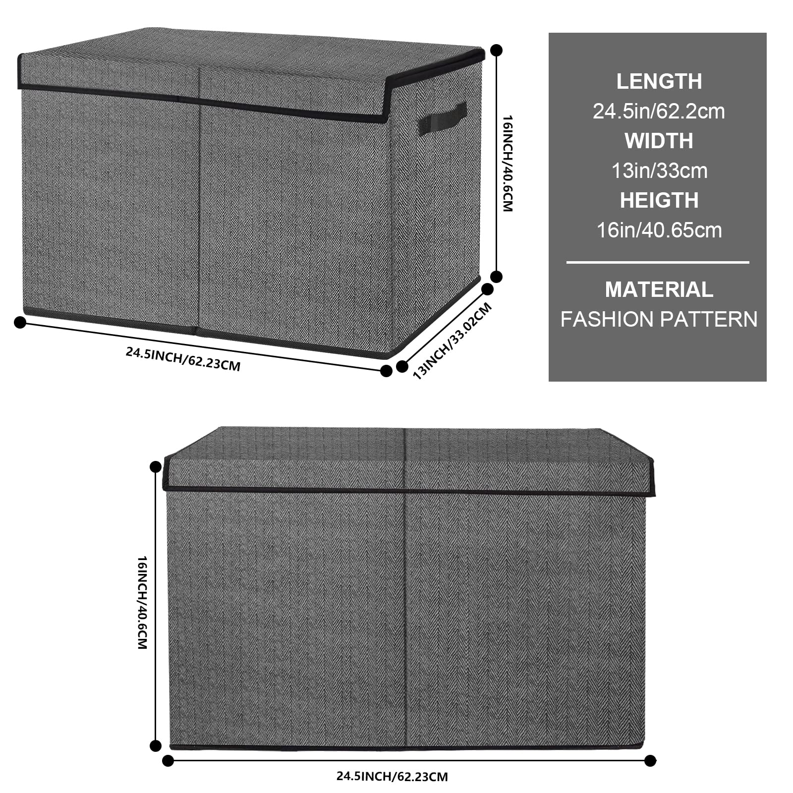 Large Toy Box Chest Organizer Bins for Boys Girls Kids, Collapsible Fabric Storage Basket Container with Flip-Top Lid & Handles for Clothes,Blanket,Nursery,Playroom,Bedroom, Herringbone Pattern(Gray)