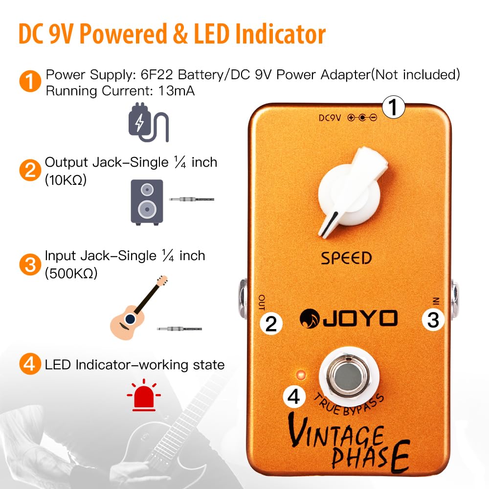 JOYO Vintage Phase Effect Pedal Beautifully Re-Creates Classic Phaser Sounds of 70's for Electric Guitar Effect - True Bypass (JF-06)