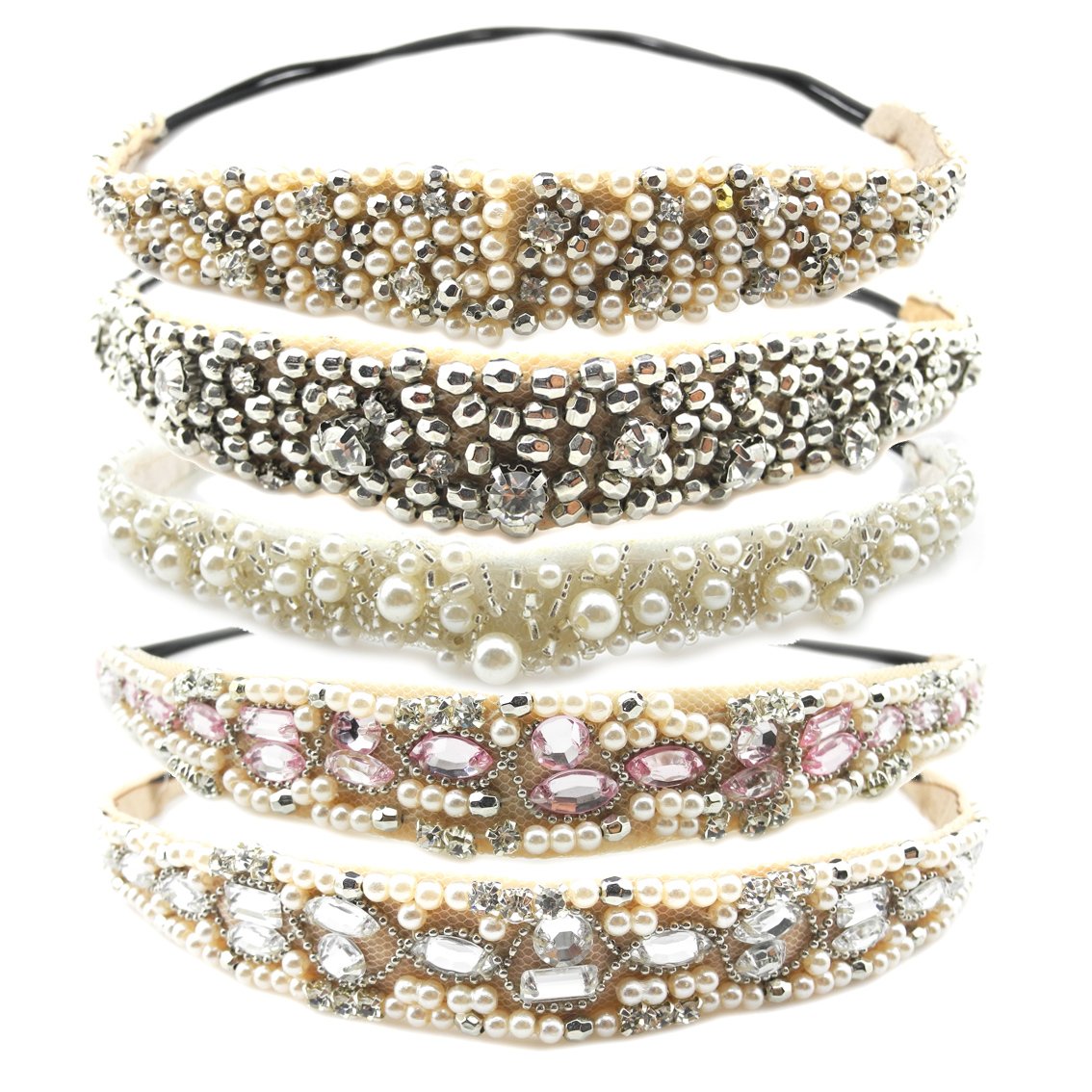 Inspirelle 5 Count Beaded Elastic Headband, Fashionable Handmade Imitation Pearl Beading Hairbands for Lady Women Girls