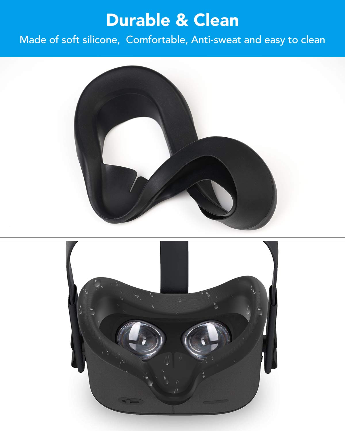 KIWIHOME VR Face Silicone Cover and Touch Controller Grip Cover for Oculus Quest VR Accessories Anti-Throw Handle Protective Sleeve with Adjustable Hand Strap Sweatproof - Black