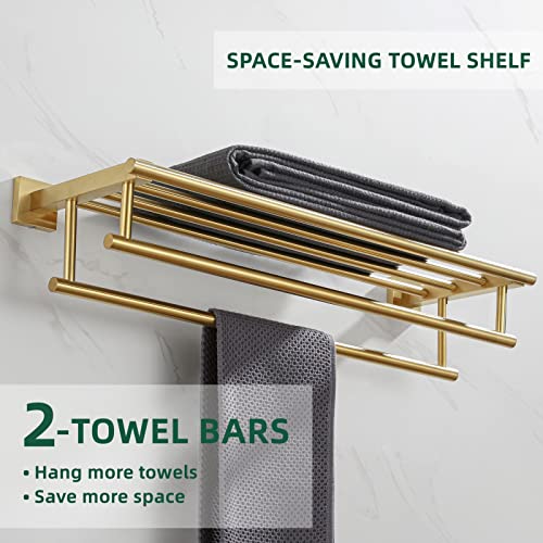 VELIMAX Bathroom Towel Rack, Bathroom Shelf with Towel Bar, Gold Towel Rack Wall Mounted, 18/8 Stainless Steel, Contemporary, Heavy Duty and Rustproof, 23.6-Inch