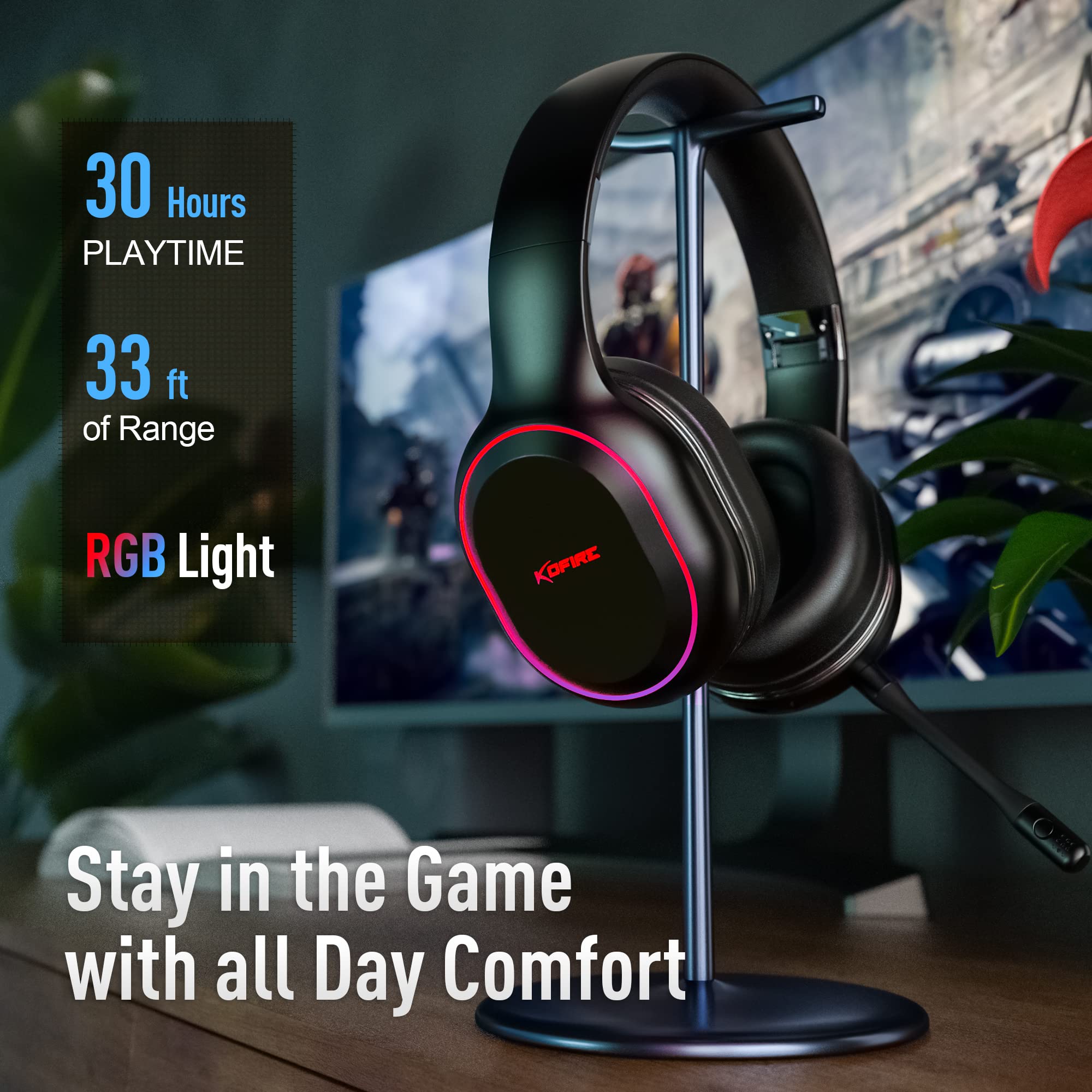KOFIRE UG-05 2.4GHz Wireless Gaming Headsets for PS4 PS5 PC, Ultra-Low Latency Surrounding Vibration, 30H Playtime Over Ear Bluetooth Headphone with Detachable Mic V5.0 Adapter RGB Light