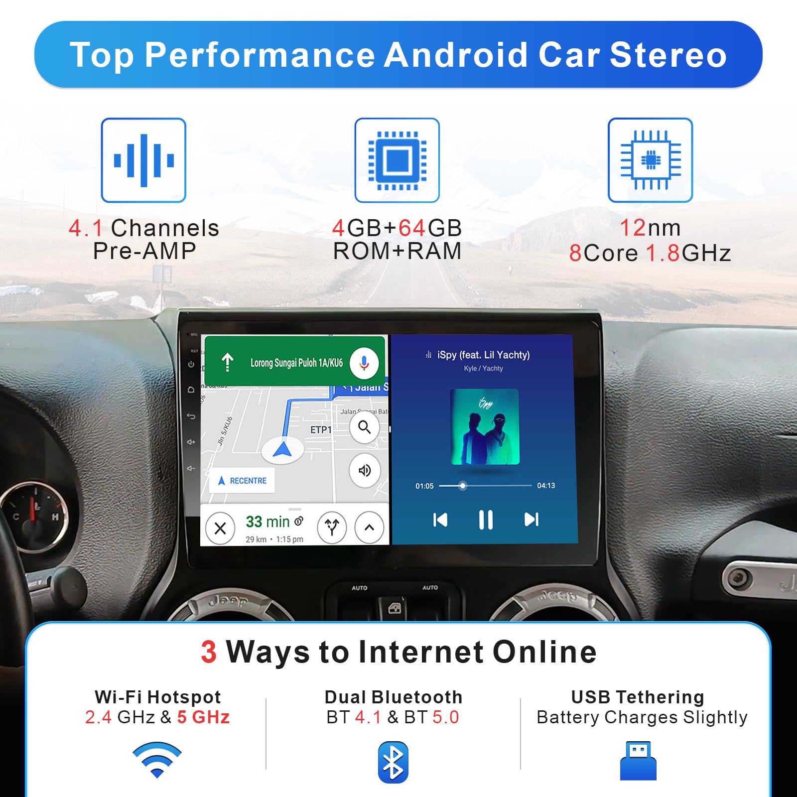 IYING 10 Inch Car Stereo Radio Wireless CarPlay Android Auto 4GB+64GB 8-Core 1280x720 Touch Screen Android 10 for Jeep Wrangler 2011-2014 AM/FM WiFi Bluetooth GPS Navigation in-Dash Car Multimedia