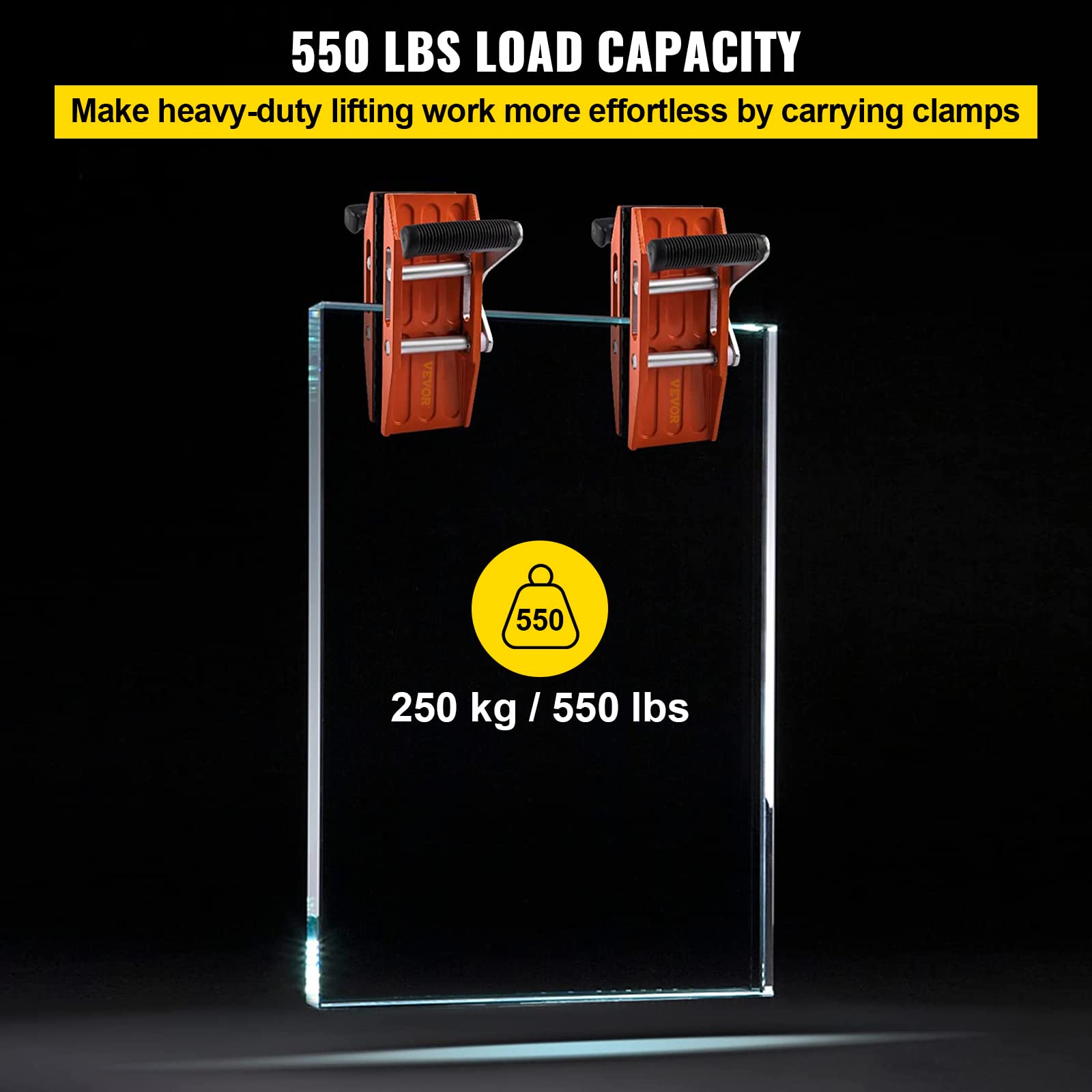 VEVOR 2 PCS Double Handed Stone Carrying Clamps, 2.36 inch (60mm) Granite Lifting Tools with Slip-proof Rubber Pads, 550 lbs Loading Capacity for Moving Marble, Glass, Slabs and Plywood