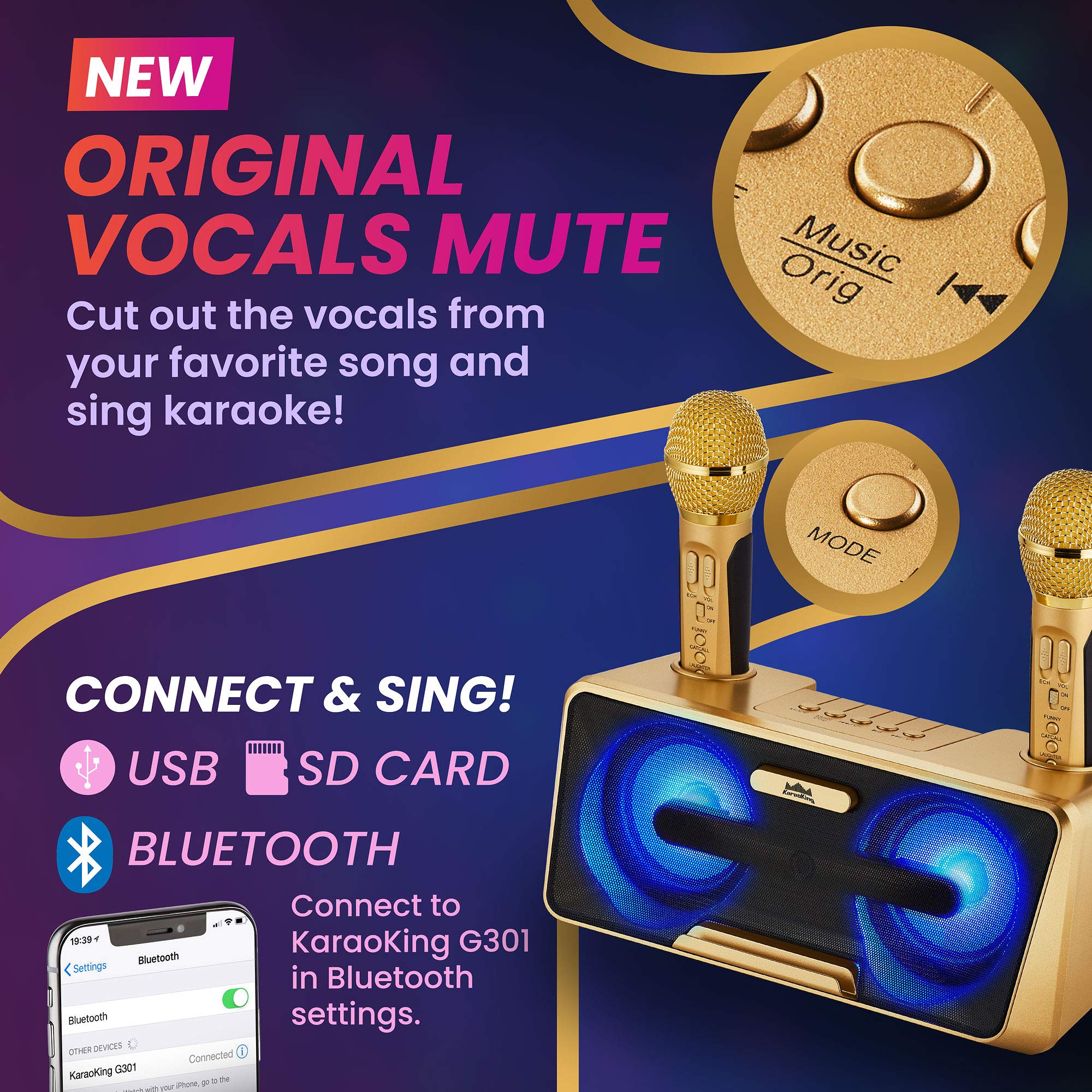 KaraoKing New 2020 Karaoke Machine – for Adults and Kids – 2 Wireless Karaoke Microphone, SD Card, USB, Bluetooth Compatible, LED Lights – Home, Bachelor Party, Picnic, Outdoor/Indoor [G301 Gold]