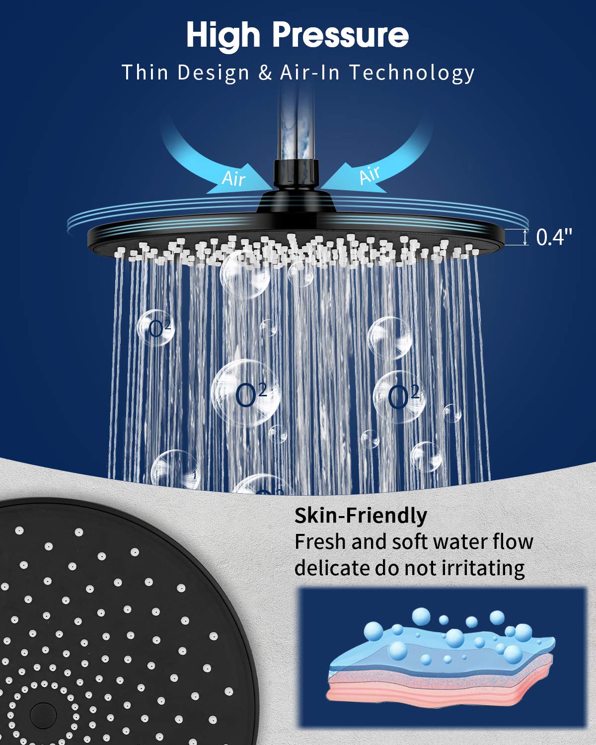 Rain Shower Head VMASSTONE 9In High Pressure Showerhead - Tool Free Installation- with Large Spray Surfaces and 200 Nozzles for Delicate and Unstimulate Shower Experience (EM-001 Matte Black/Black)