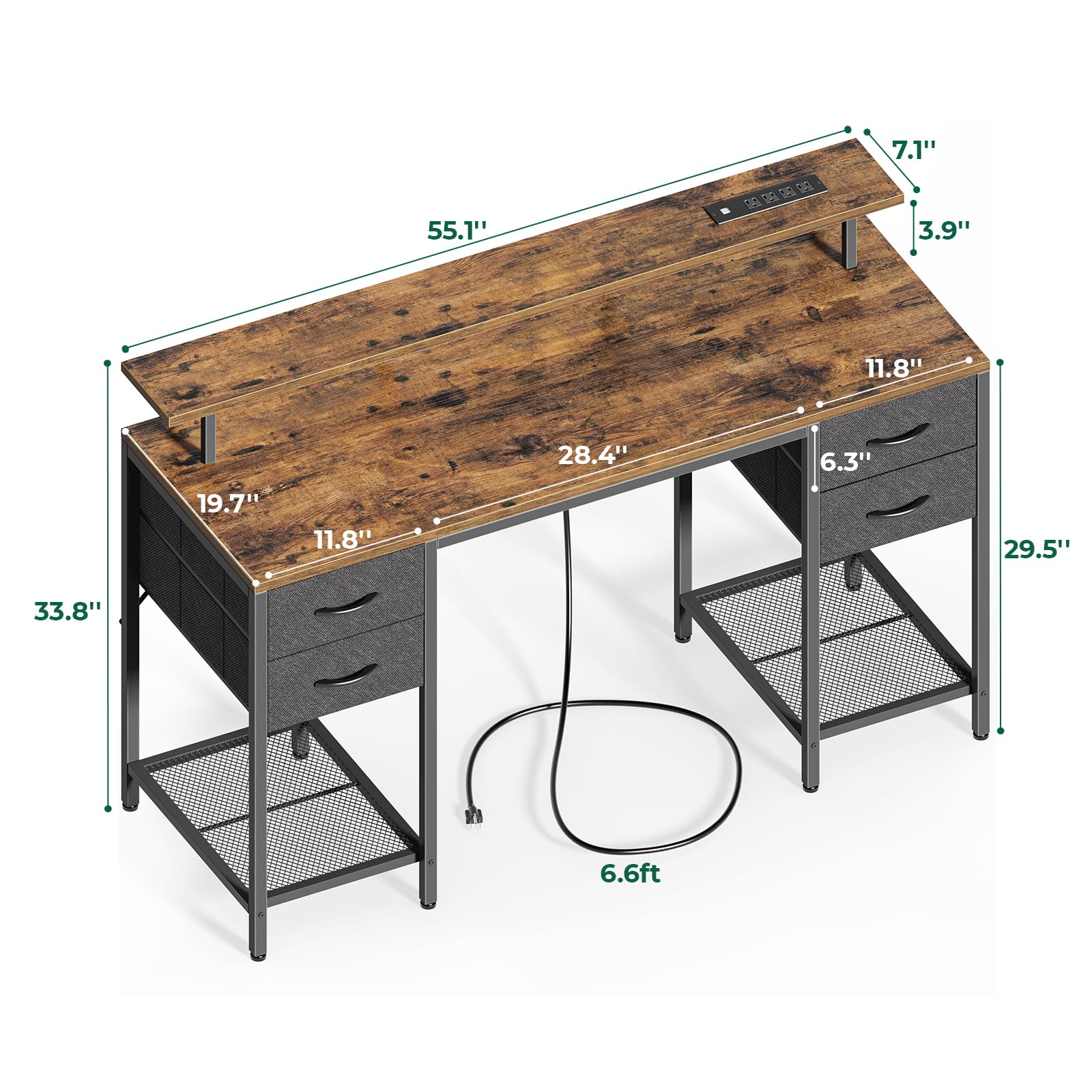 Huuger 55 inch Computer Desk with 4 Drawers, Gaming Desk with LED Lights & Power Outlets, Home Office Desk with Large Storage Space for Bedroom, Work from Home, Rustic Brown