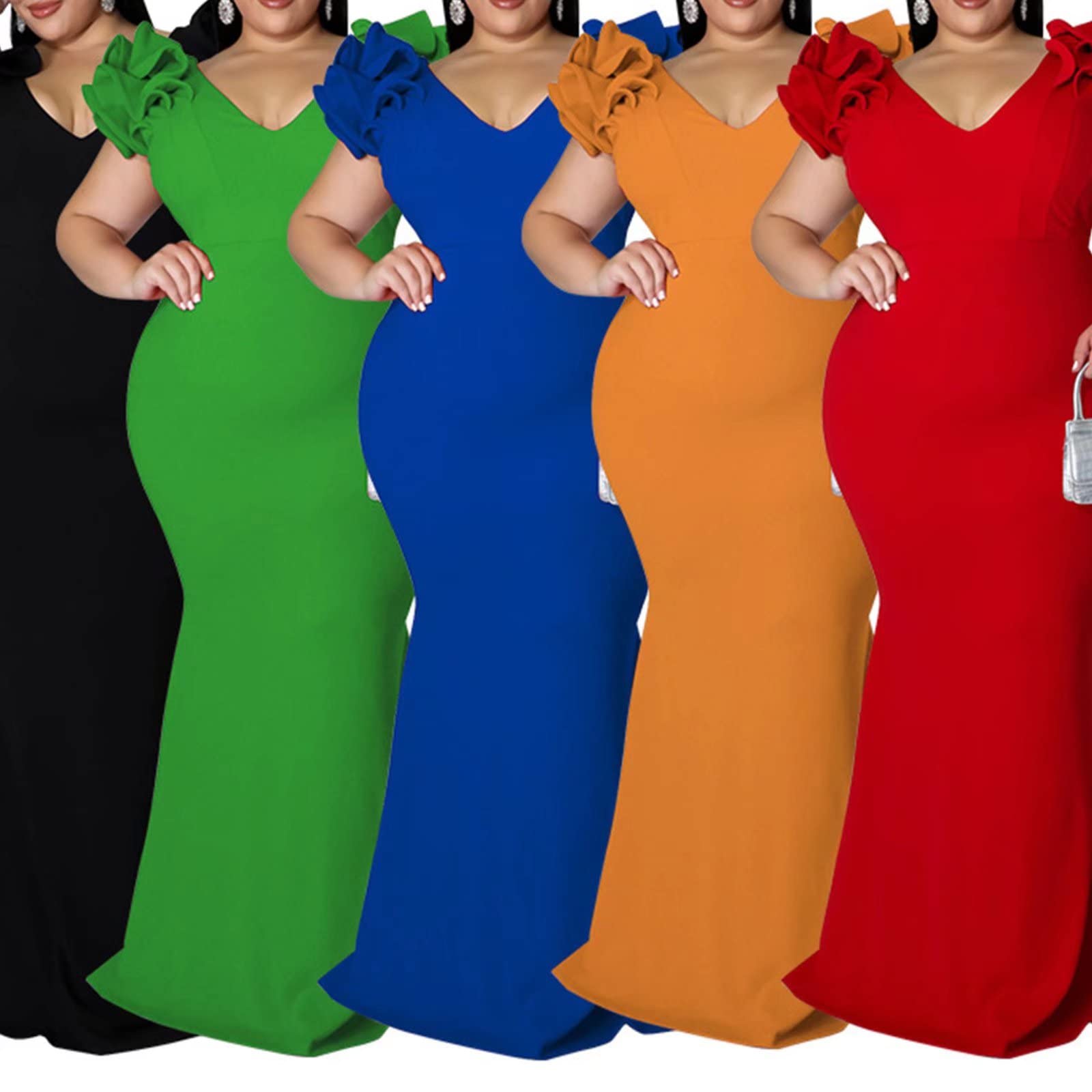 IyMoo Women's Sexy Plus Size Bodycon V Neck Ruffle Sleeve Backless Cocktail Evening Mixi Dresses Black 4XL