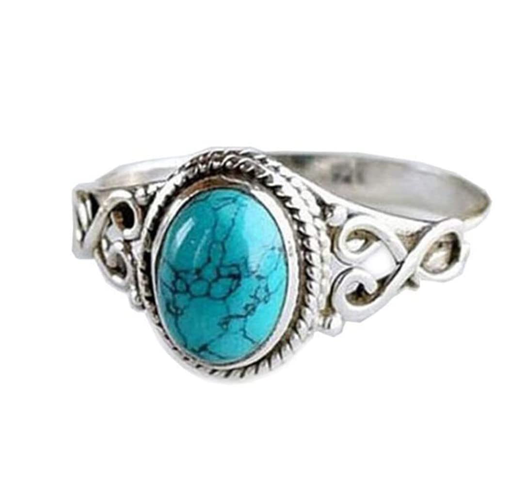 Koguxuix Fashion Genuine Women's 925 Sterling Silver Ring Oval Cut Natural Bohemia Turquoise Jewelry Birthday Proposal Hollow Engagement Party Band Rings Size 6-10 (6)