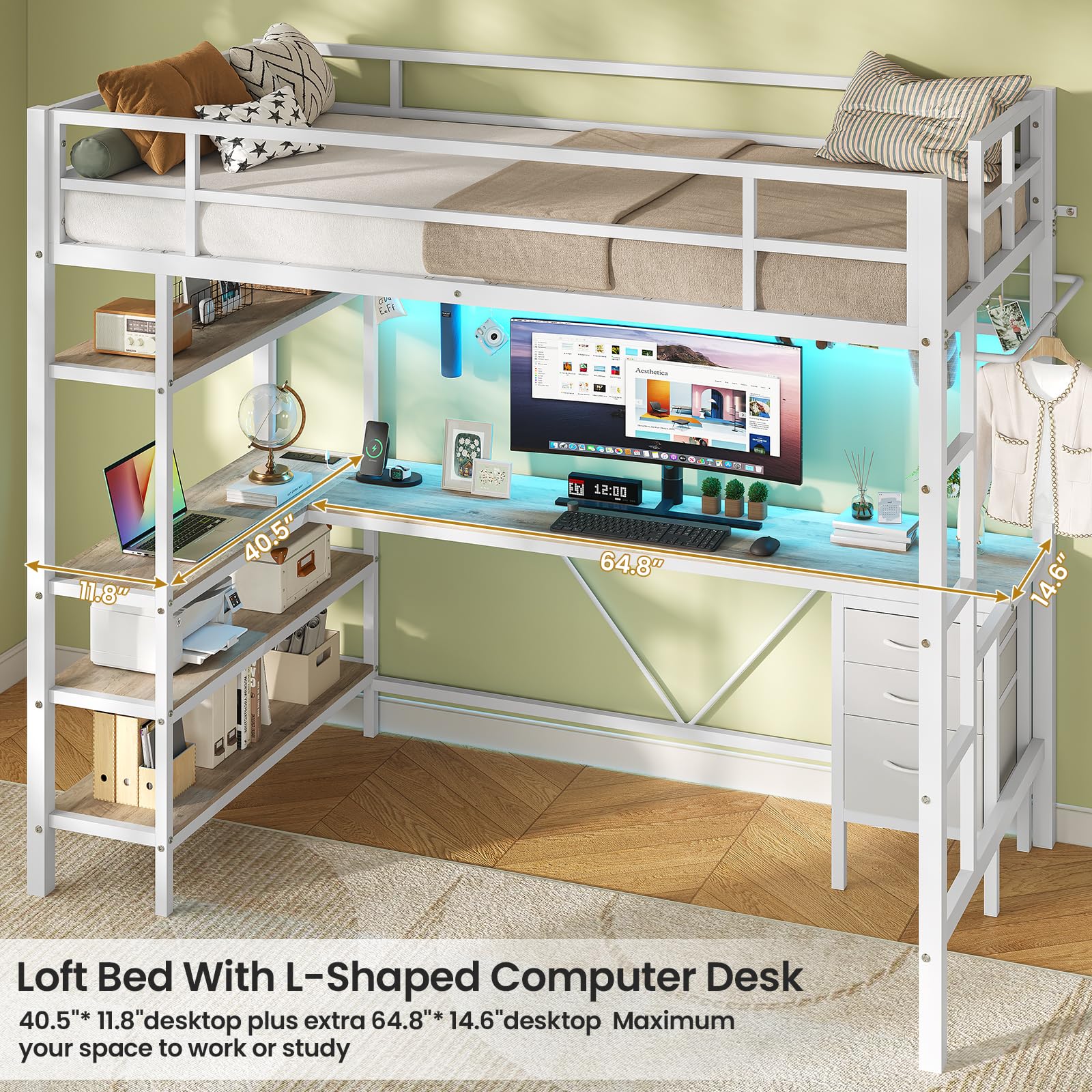 VIAGDO Loft Bed Twin Size with L-Shaped Desk, Charging Station and LED Lights, Twin Loft Bed with 4-Tier Bookshelf and 3 Drawers, Clothes Rail, Safety Guardrail&Ladder, No Box Spring Needed, White