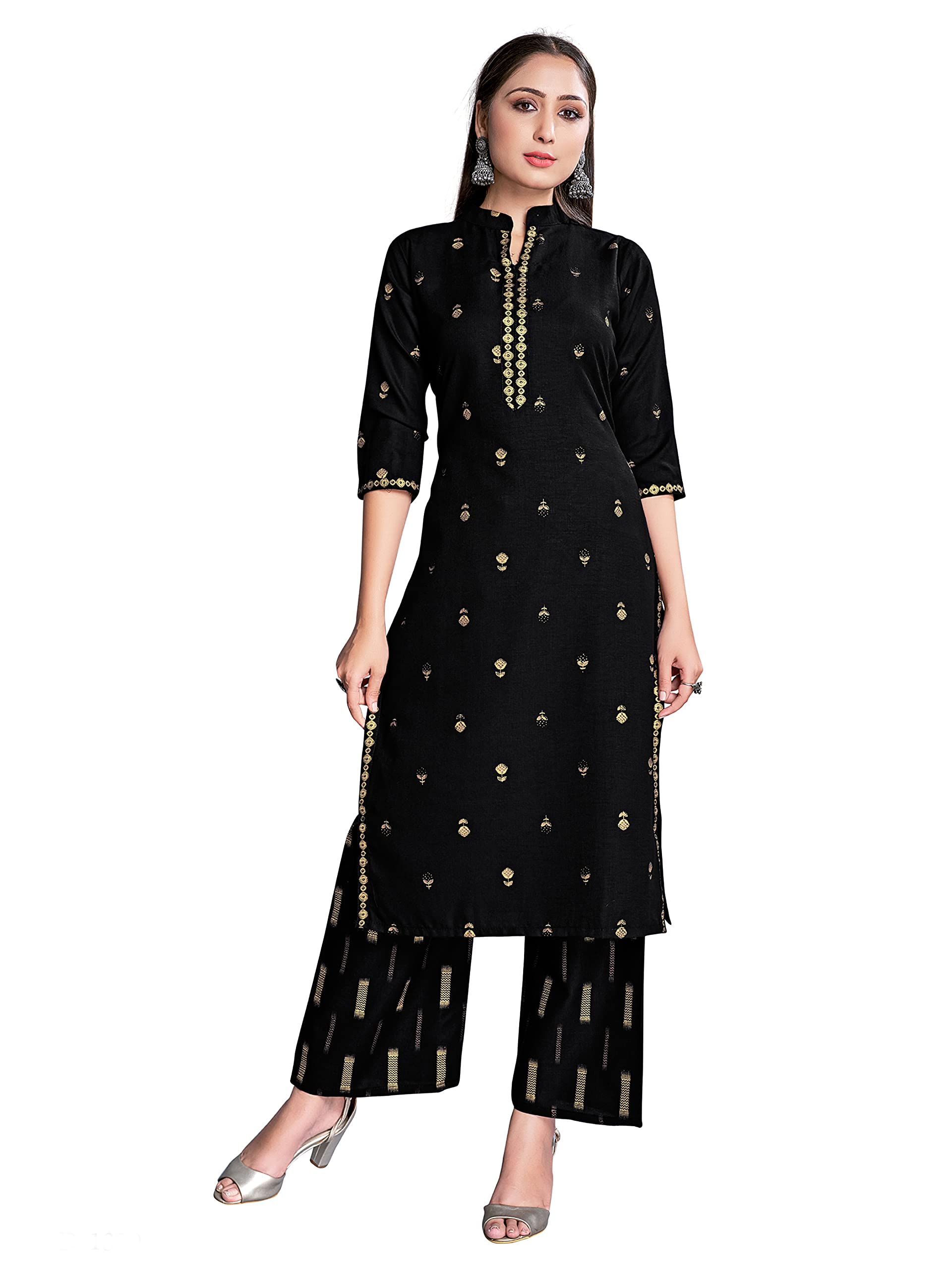 Indian Kurti for Womens With Pant | Rayon Foil Printed Dress Kurtis Kurta For Women Tops Black