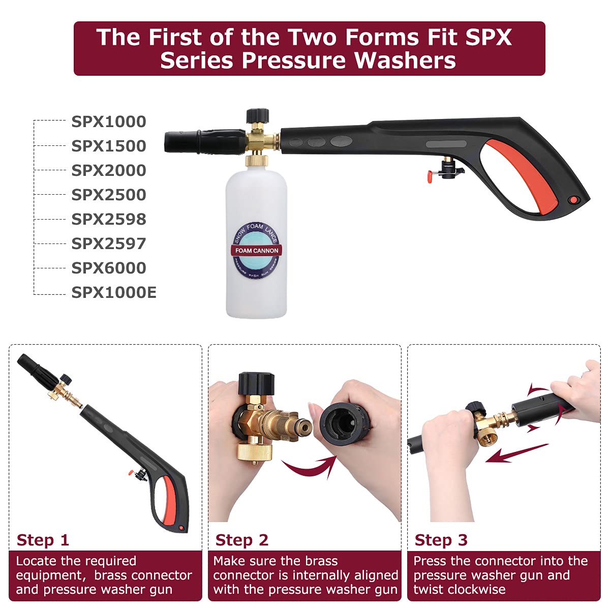 MATCEE Foam Cannon for Sun Joe SPX Series Pressure Washer Adjustable Snow Foam Lance Power Washer Gun Jet Wash Brass Quick Connector Foam Blaster 0.22 Gallon Bottle