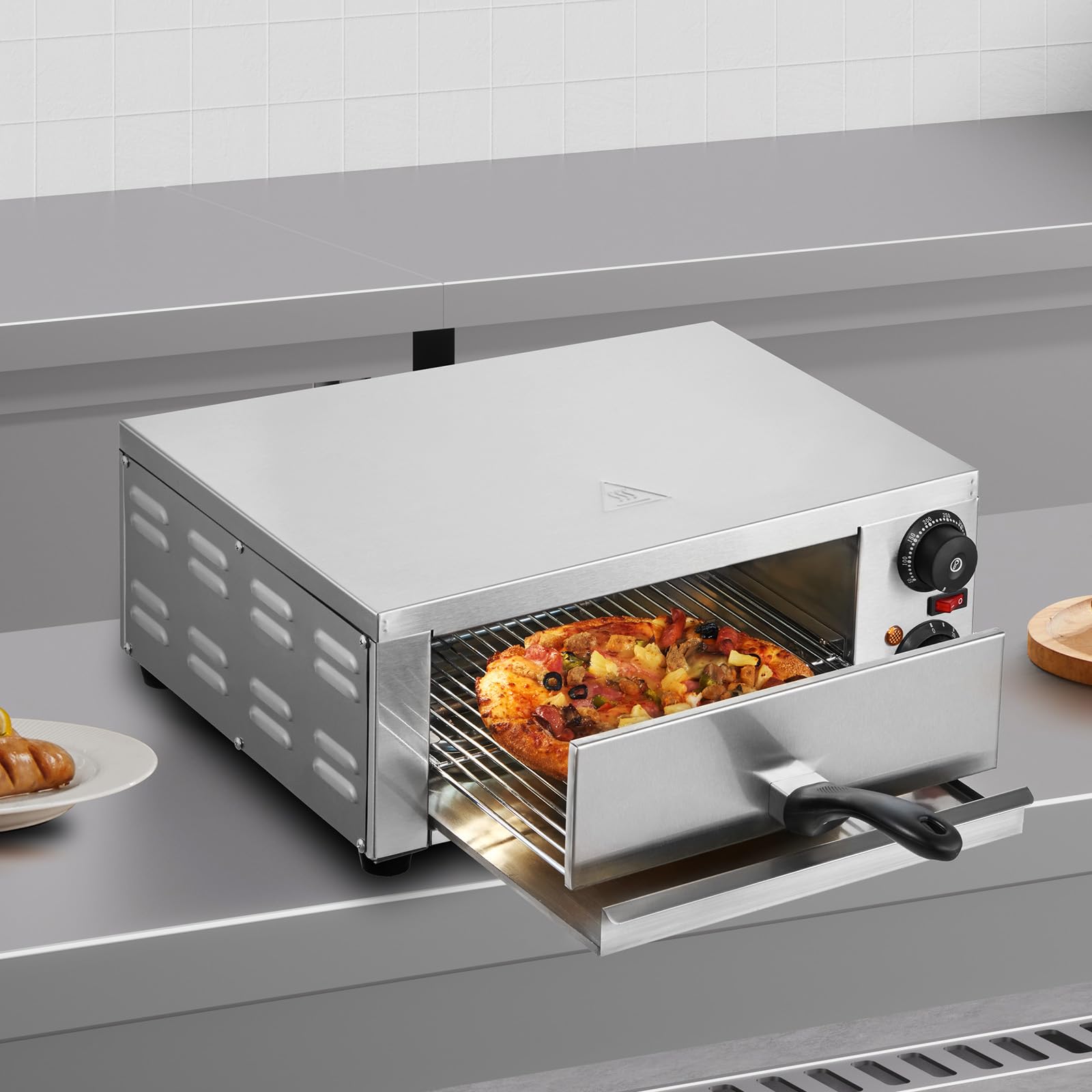 VEVOR Commercial Pizza Oven Countertop, 16" Single Deck Layer, Stainless Steel Electric Pizza Oven with Stone and Handle, Multipurpose Indoor Pizza Maker for Restaurant Home Pretzels Baked