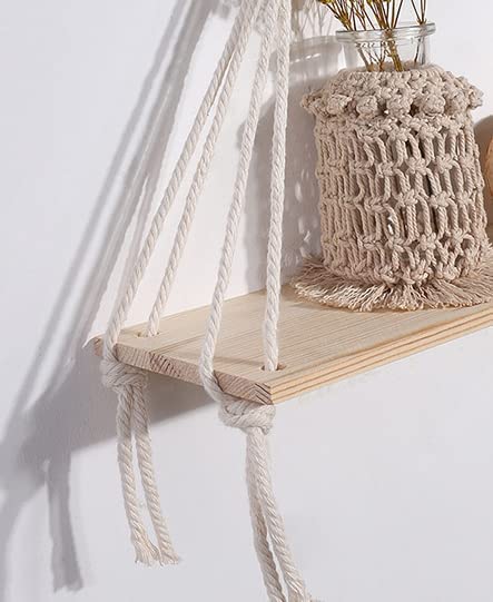 YuPinDiZu Macrame Wall Hanging Shelf | Boho Shelves with Wood Shelf | 2 Pcs Handmade Macrame Shelf for Hanging Plants and Decor | Boho Wall Decor with Beautiful Macrame Rope and Shelf (Beige)