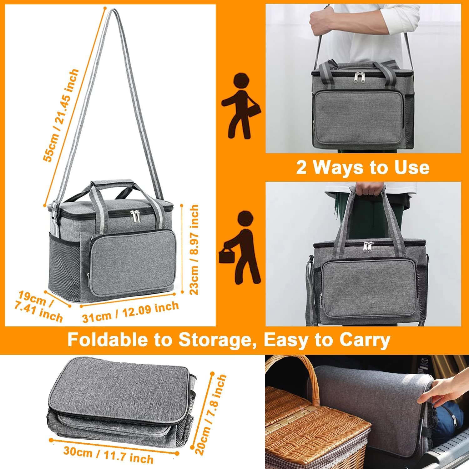 Insulated Cooler Bag for 24Can (14L) Reusable Thermal Bag Leakproof Freezable Cooler Bag Organizer with Adjustable Shoulder Strap for Women Men Office Work Picnic Hiking Beach, Grey