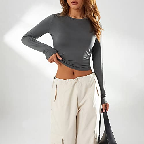 Women Sexy Long Sleeve T Shirt Crew Neck Slim Fitted Crop Top Causal Solid Y2k Pullover Blouse Top (A Grey,Small)