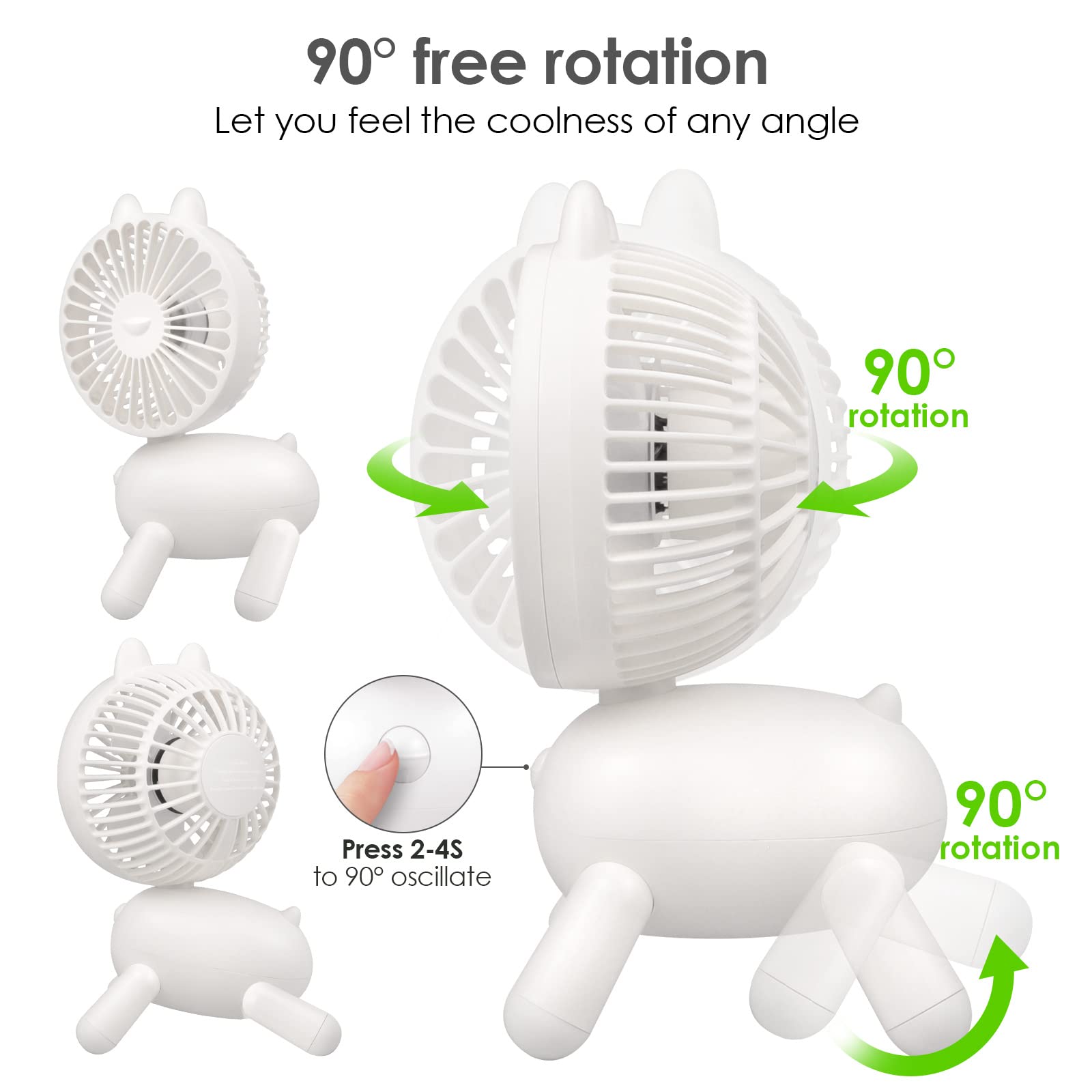ikiu 8 Inch Small Rechargeable Mini Desk Fan with Rotating Head 13 Hours Usage,Cute Dog-Shape 4 Speeds Small Desk Fan for Home/Desktop/Office,White
