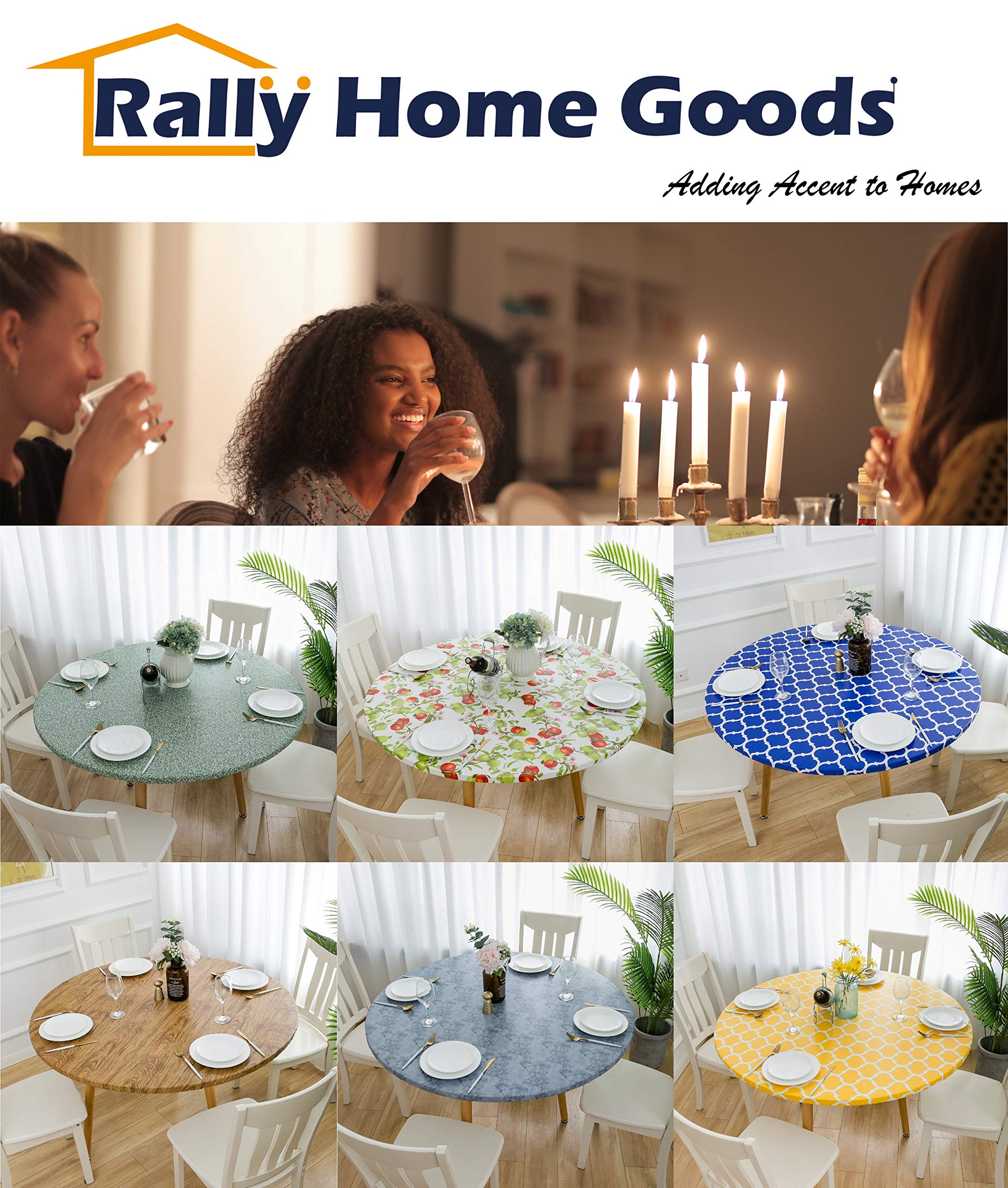 Rally Home Goods Indoor Outdoor Patio Round Fitted Vinyl Tablecloth, Flannel Backing, Elastic Edge, Waterproof Wipeable Plastic Cover, White Marble Pattern for 10-Seat Table of 57-72ββ Diameter