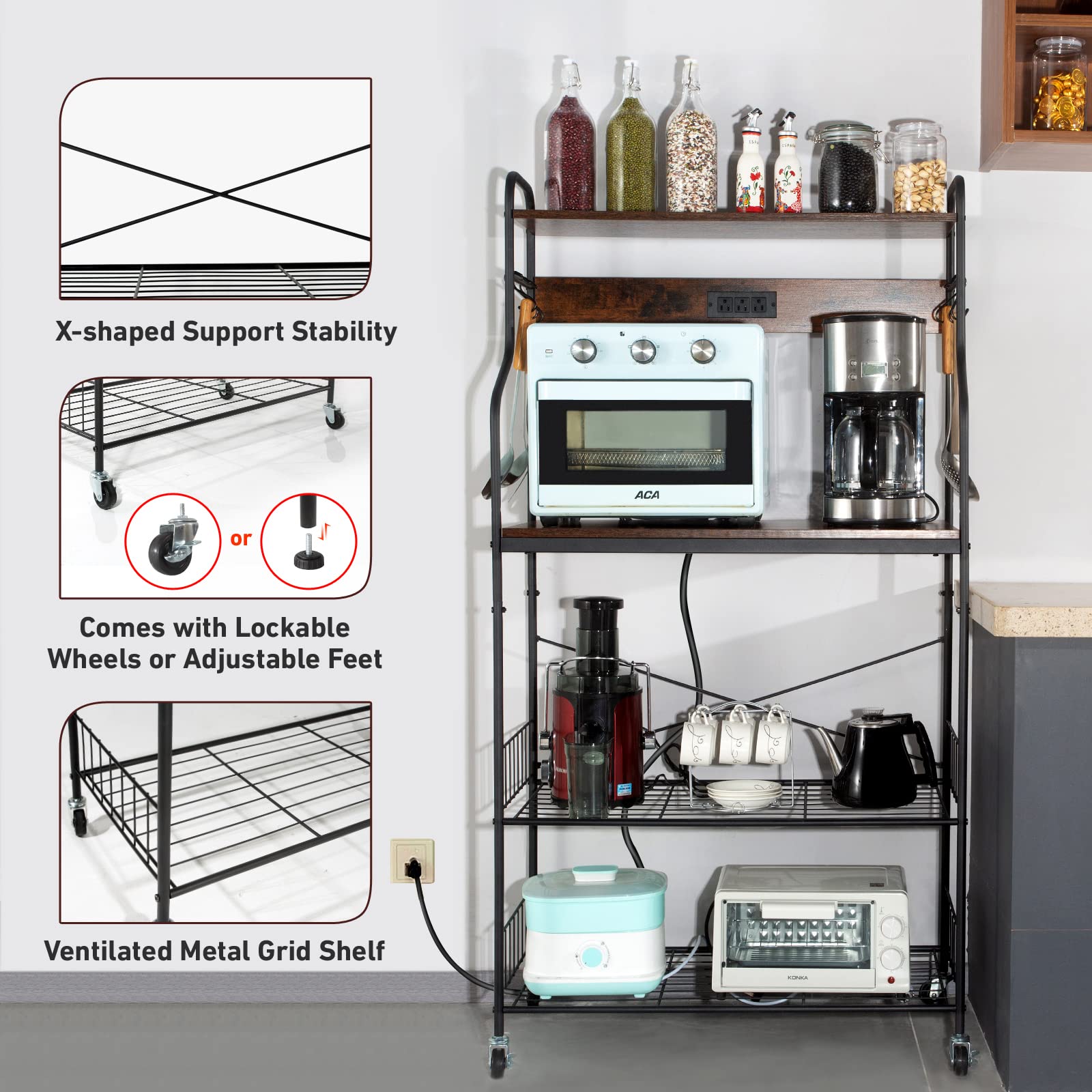 Hosfais Kitchen Appliance Organizer - Kitchen Shelves Freestanding with 3 Power Outlets, Microwave Stand with 4 Tiers Storage Shelf, Kitchen Appliance Stand with Hooks