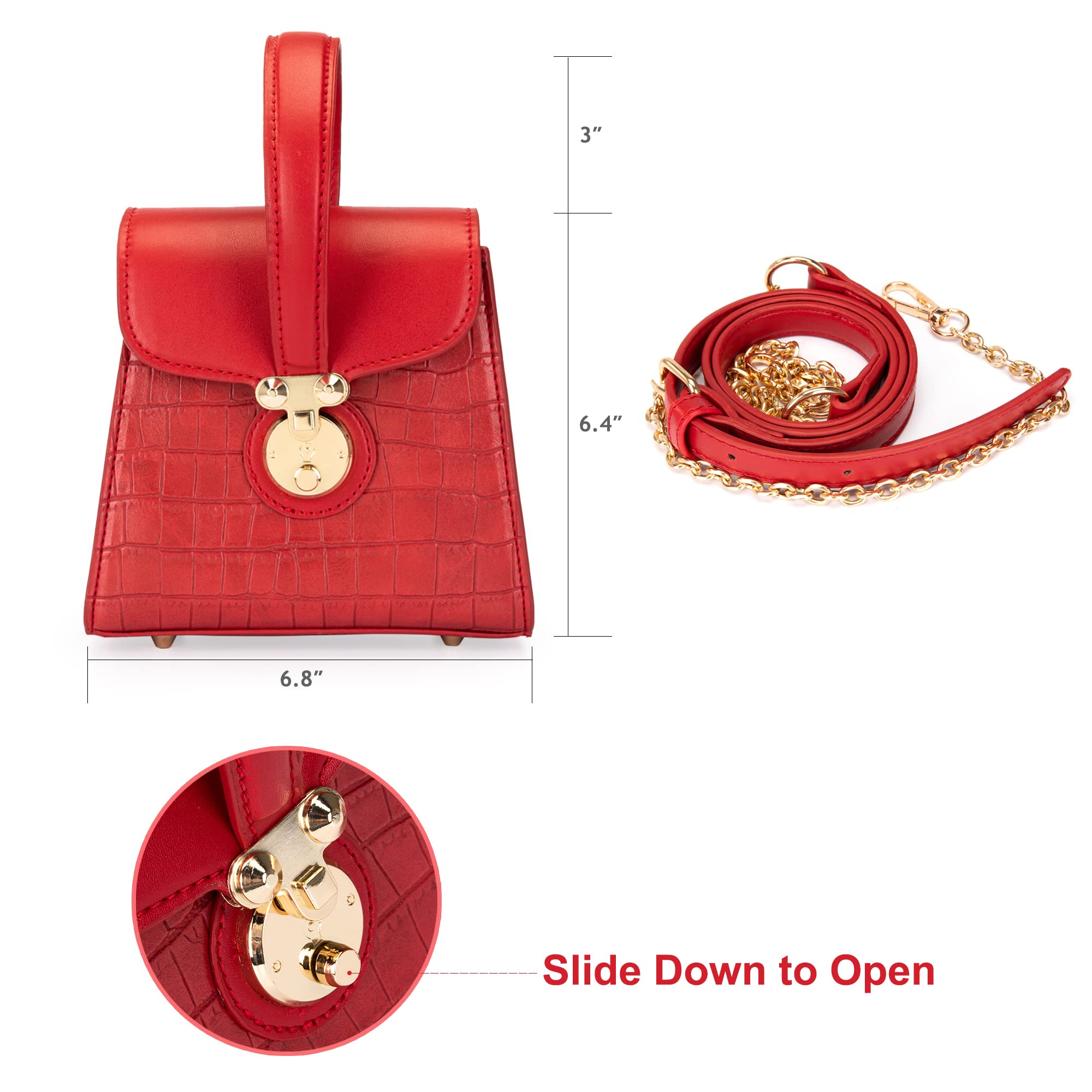Milan Chiva Top Handle Purse Crocodile Crossbody Bag for Women Trendy Cute Shoulder Handbag with Chain Strap MC-1011RD, Red