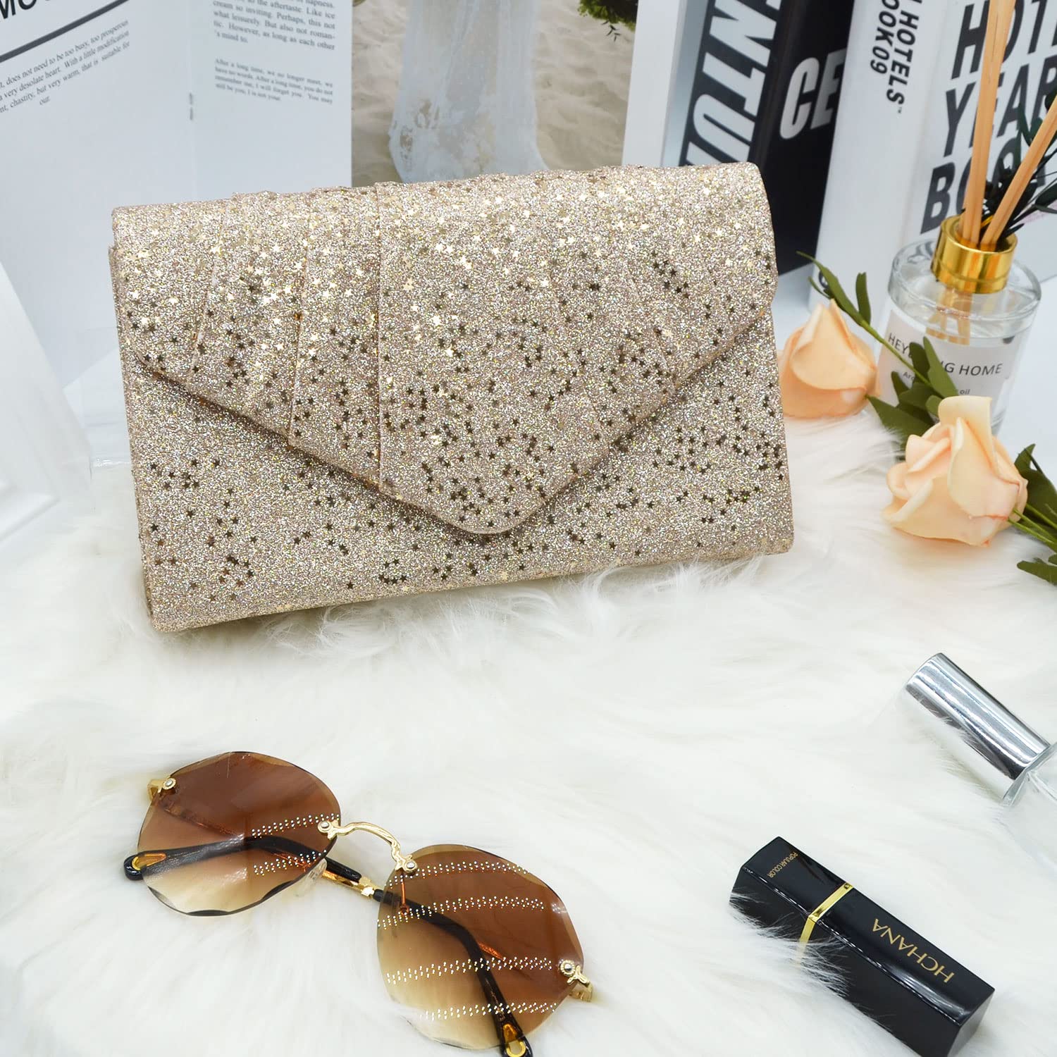 Labair Clutch Purses for Women Glitter Sparkly Evening Bag Wedding Prom Formal Handbag,Champagne.