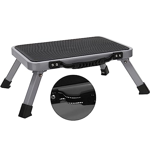 Ylebs Metal Step Stool,Portable Foot Stool with Reflective Handle,Foldable Non Slip 330lbs Capacity 1 Stepping Stools for Bed Office RV Adult Use, Black