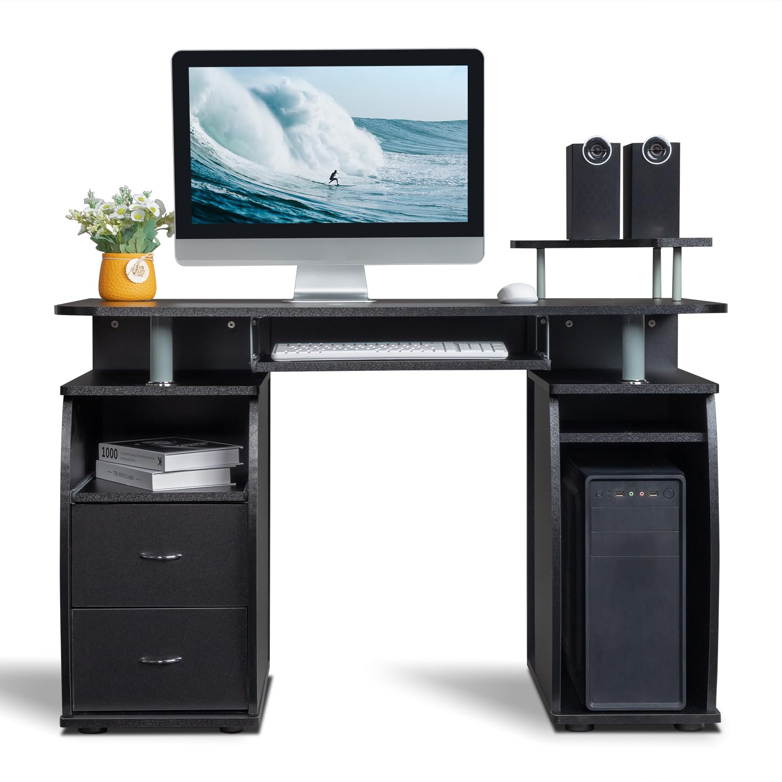 Karl home Computer Desk with 2 Drawers, Wooden Home Office Desk Writing Study Desk with Open Shelves and Keyboard Tray Black