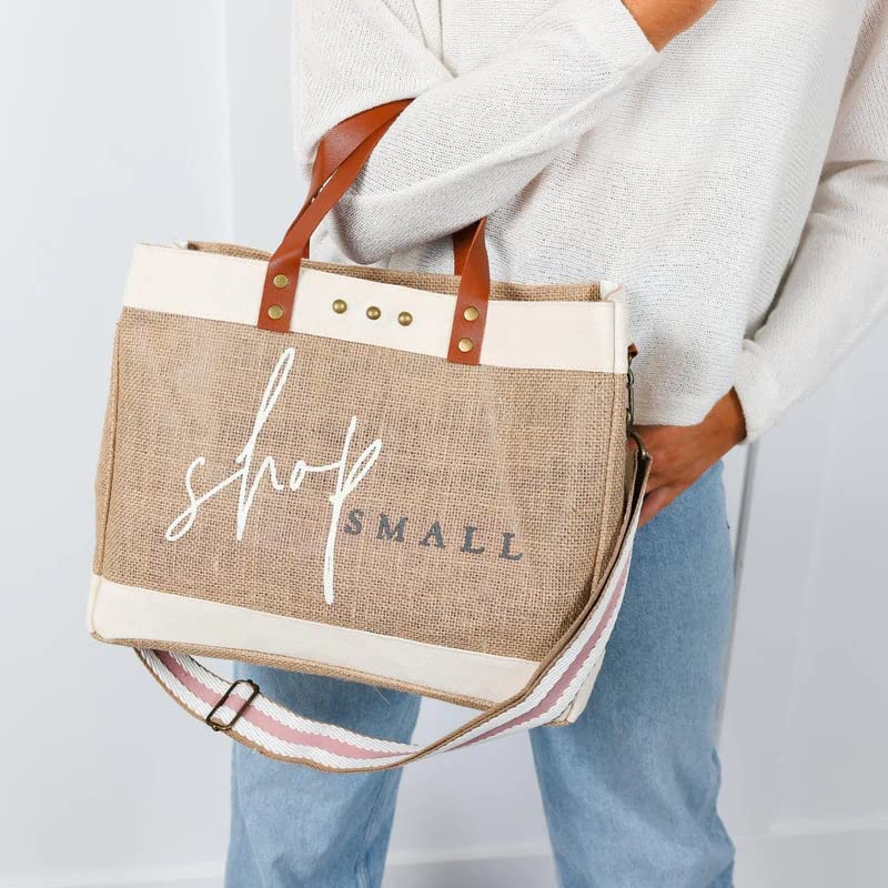 Pretty Simple Me Shop Small Jute Tote Bag | Crossbody Bag | Leather Handle Strap | Adjustable Canvas Crossbody Strap | Large Compartment | Hand Bags | Woven Bag