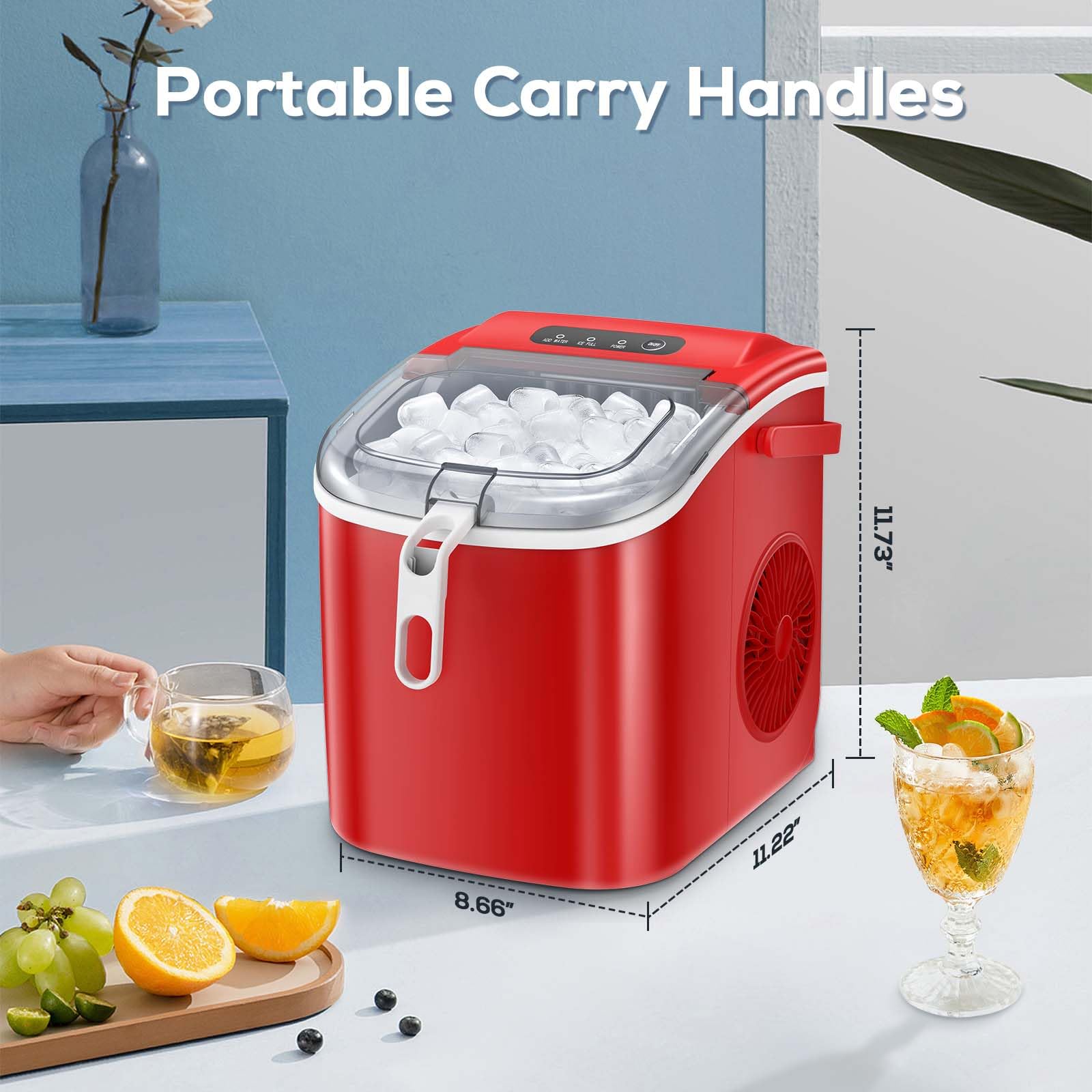 ZAFRO Ice Makers Countertop, Portable Ice Machine with Handles, Self-Cleaning Ice Makers with Basket and Scoop, 9 Cubes in 6 Mins, 26 lbs Per Day, Suitable for Your Kitchen, Office, Party (Red)