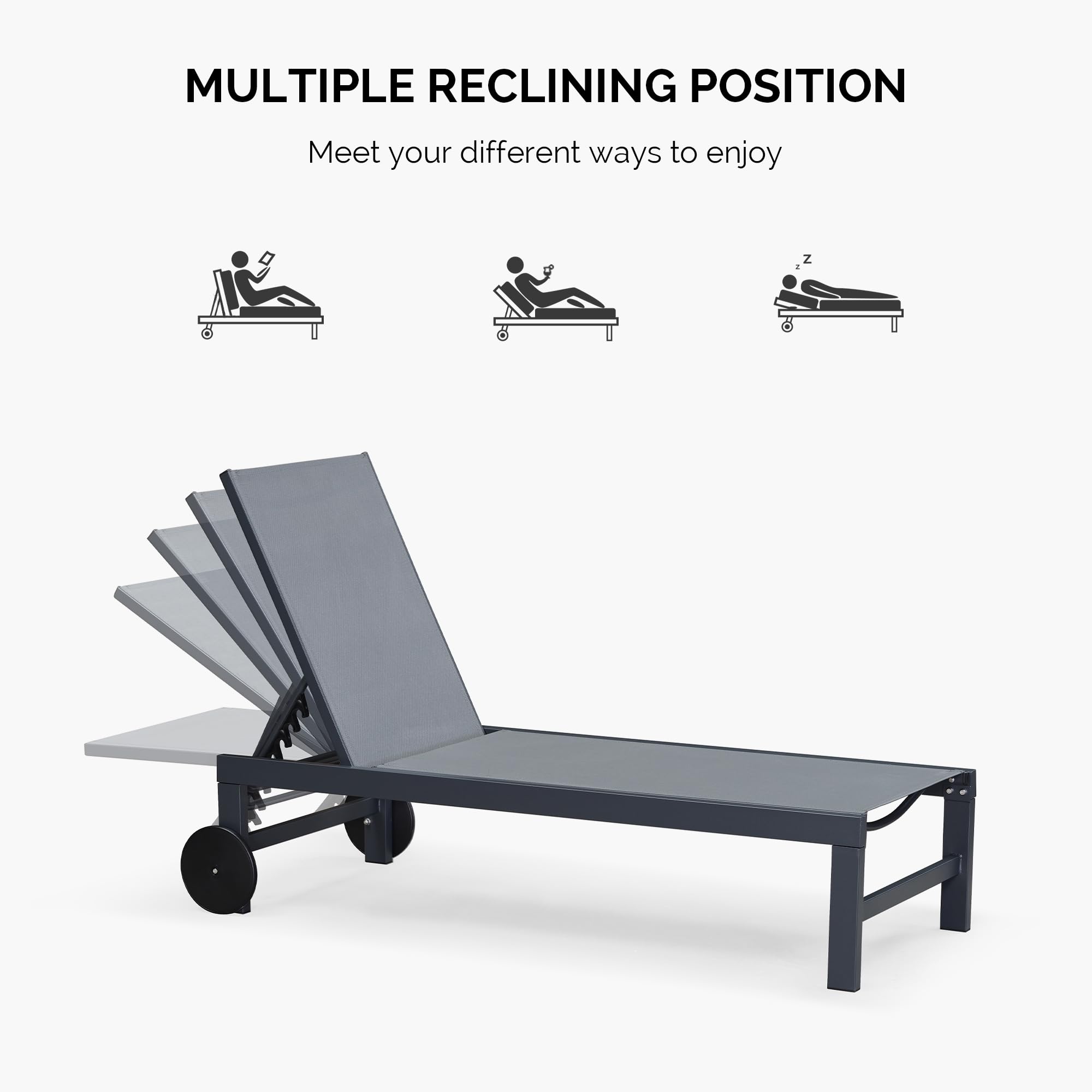PURPLE LEAF Outdoor Chaise Lounge with Wheels for Outside 2 Pieces Aluminum Patio Lounge Chair with 5 Adjustable Position for Outdoor, Beach, Yard, Pool, Side Table Included, Grey