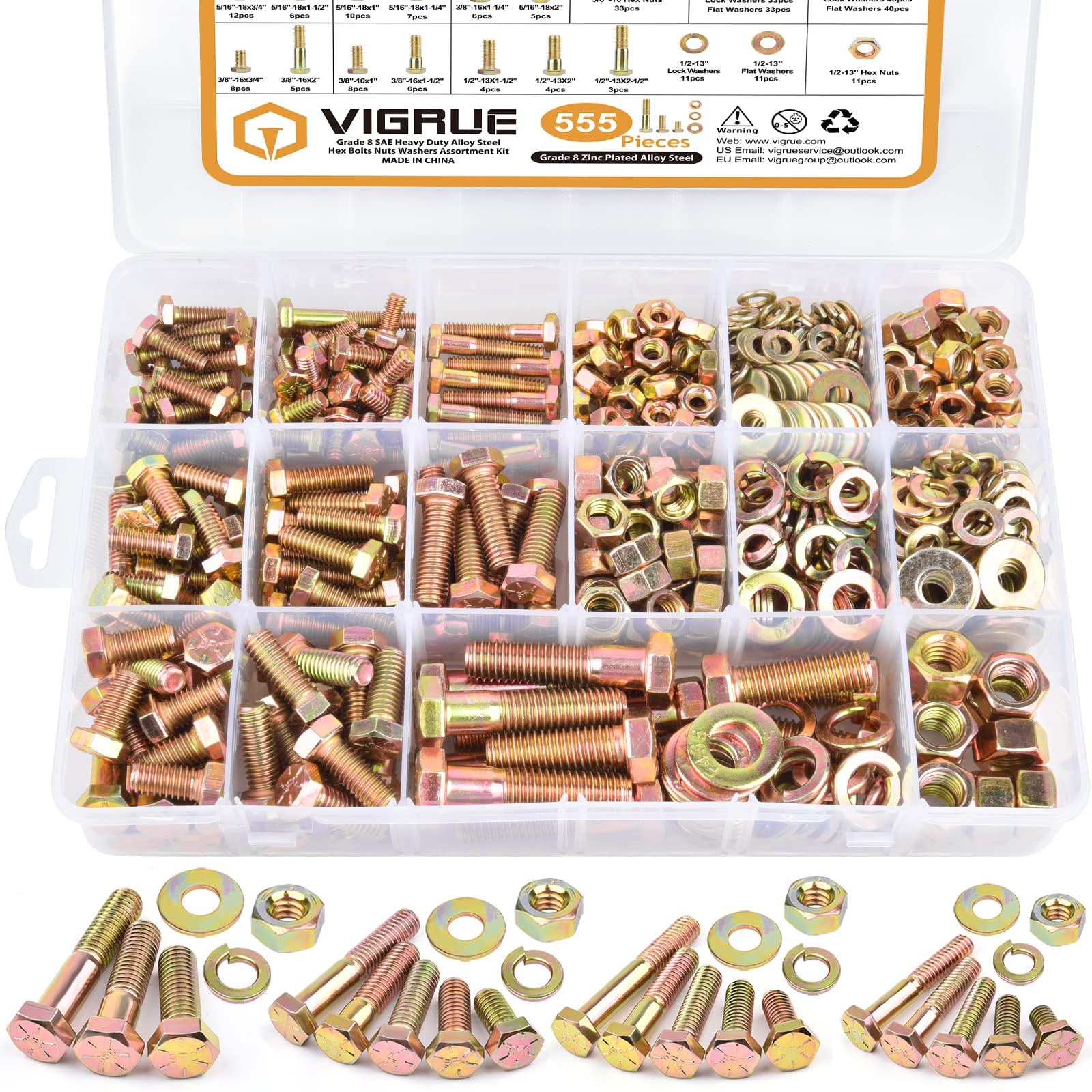VIGRUE 555PCS 1/2-13 1/4-20 5/16-18 3/8-16 Heavy Duty Bolts Nuts Kit, Grade 8 UNC Bolts Hex Cap Screws Nuts Washers Assortment Kit, Fully and Half Threads, 18 Common Sizes