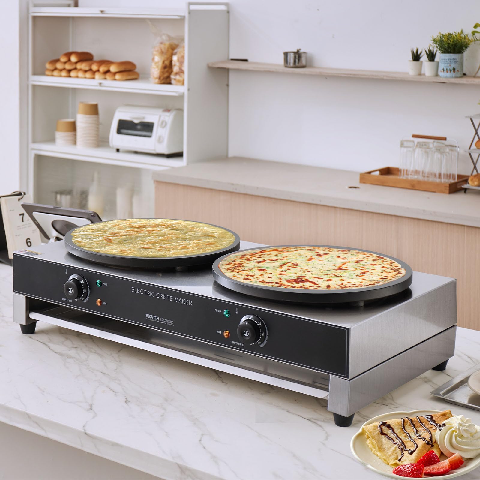 VEVOR Electric Crepe Maker, 16-Inch Double Head Commercial Crepe Machine, 3400W Flat Plate Crepe Griddle, Nonstick Stainless Steel Pancake Making, Desktop Circular Cereals Pancake Stove, Temp Control