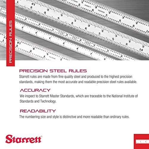 Starrett Spring Tempered Steel Rules with Regular Steel Finish, Quick Reading, and Inch Graduations - 6" Length, 4R Graduation Type, 3/64" Thickness - H604R-6