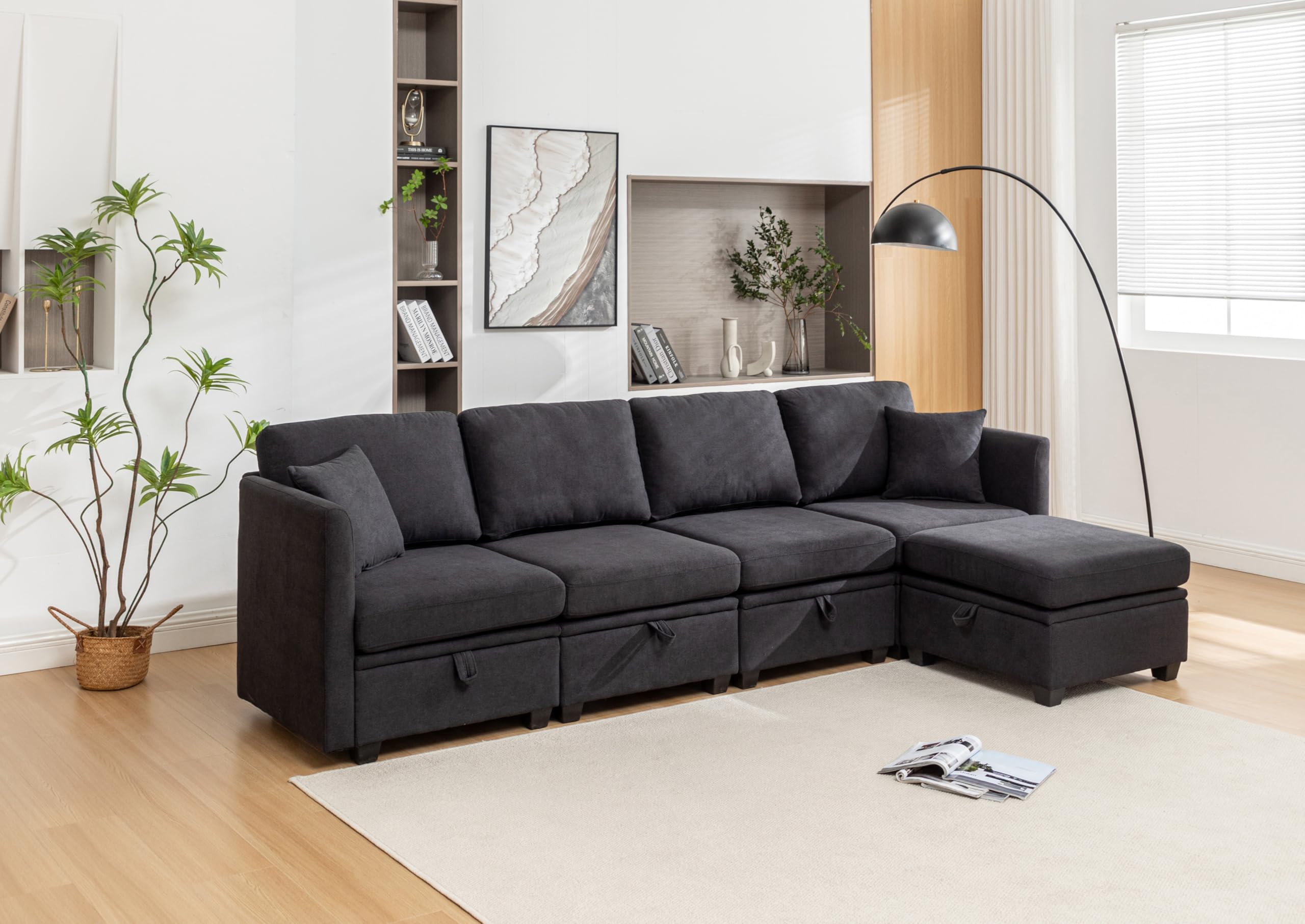 ZIGHTH Modular Sectional Living Room Sofa Couch Set, Convertible L Shaped Sofa Couch with Storage, 5 Seater Modular Sectionals Sofa Couch with Chaise and Adjustable Backrest. Dark Grey