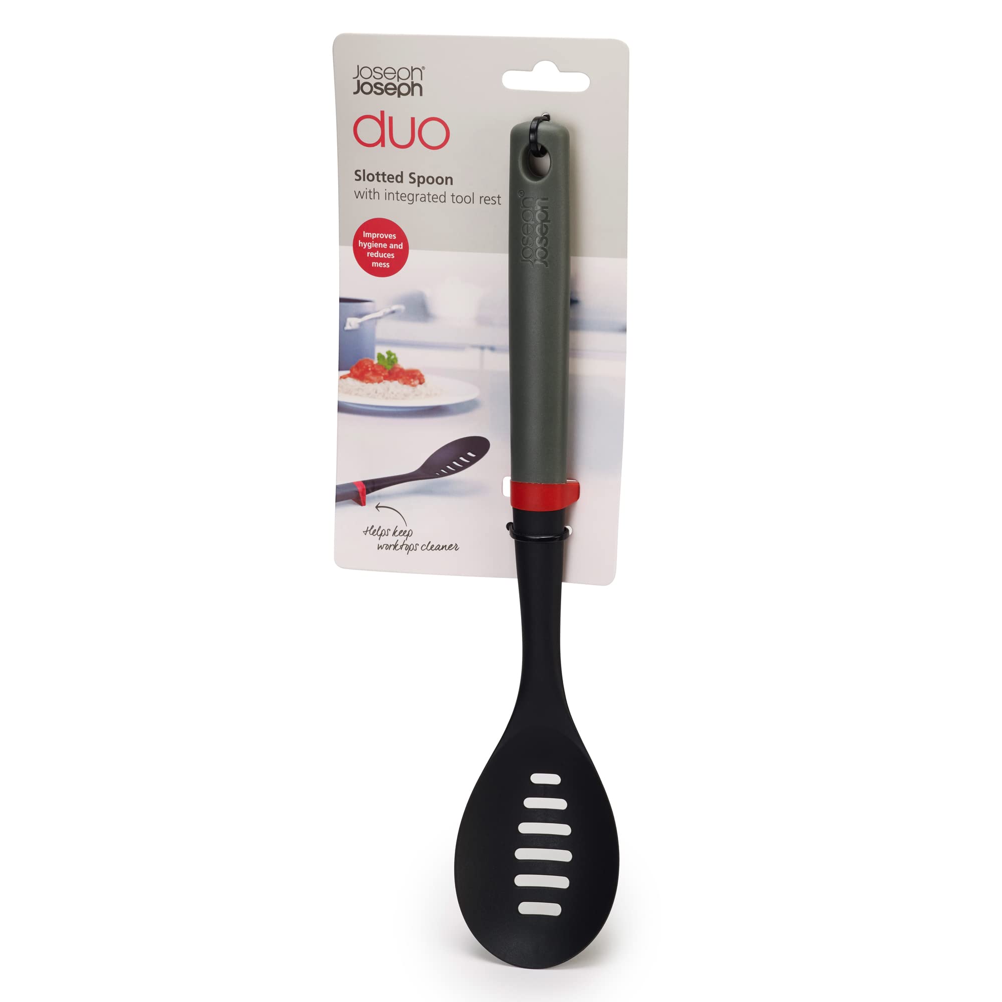 Joseph Joseph Duo Slotted Spoon with Integrated Tool Rest, One Size, Red/Grey