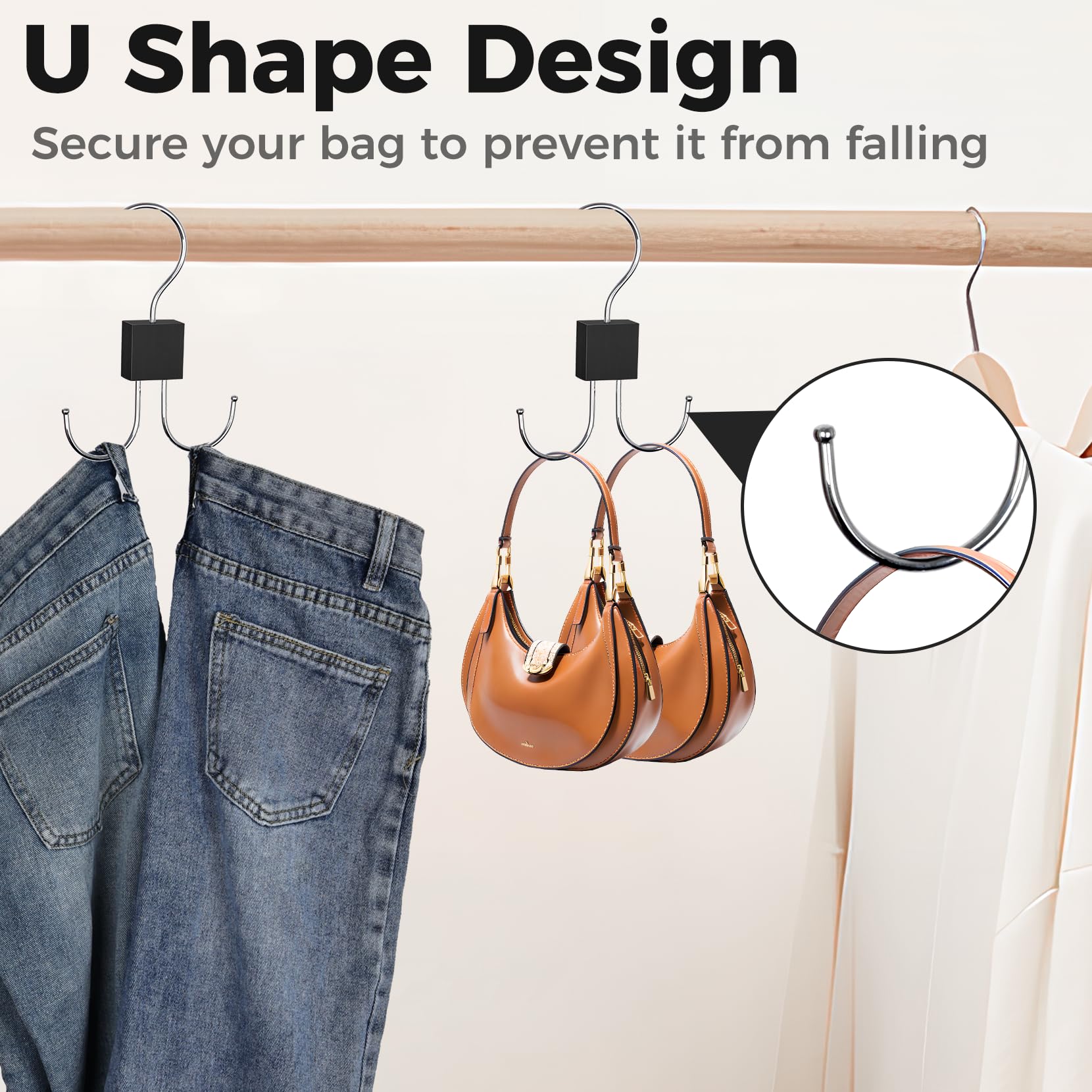 Purse Organizer for Closet, Purse Hanger 6 Pack 12 Purse Storage Hooks, 360° Rotatable Space Saving Closet Organizers and Storage for Purse, Handbag, Bag, Jeans, Belt, Scarf