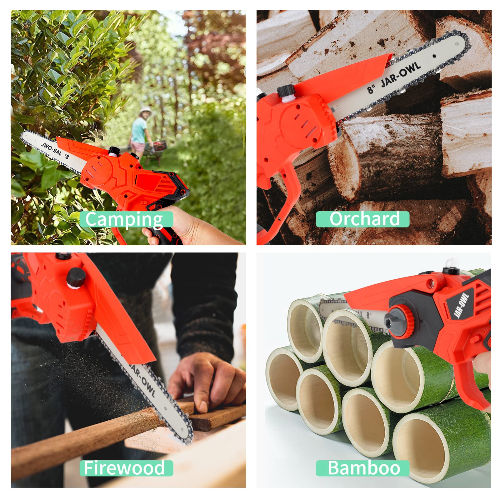 Jar-Owl 21V 8-inch & 6-inch 2.8Lb Cordless Mini Chainsaw - High-end Upgrade with Handheld Electric Auto Oiling System and 2 Big 2000mAh Batteries for Pruning and Cutting Branch Trees