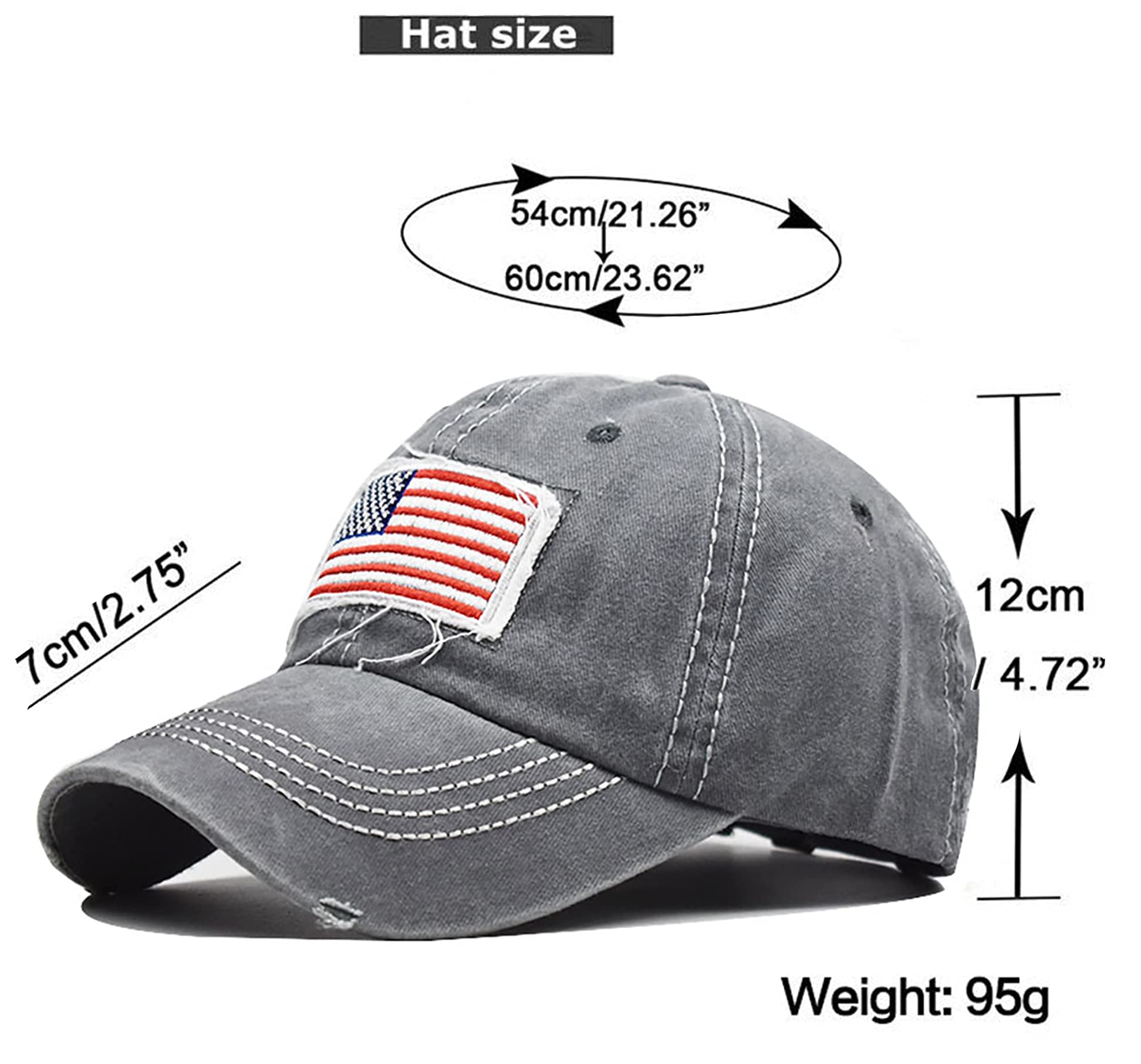 IZUS American Flag,Distressed Baseball Hat – 100% Distressed Cotton Dad Hat Embroiderred for Adult (Ponytail Hat Black/No Hair)