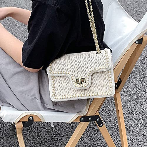 Purses and Handbags Solid Color Sturdy and Durable Lady's Straw Woven Bag Summer Hand-woven Straw Shoulder Bag (Color : White, Size : Small)