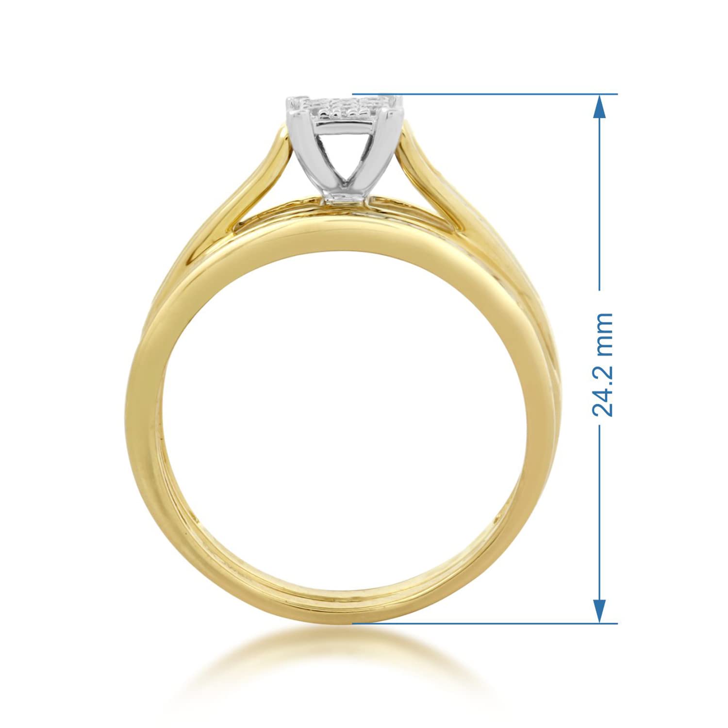 Jewelili 10K Yellow Gold Square Centre 1/6 Cttw Natural White Round Diamond Bridal Ring Set, Size 8