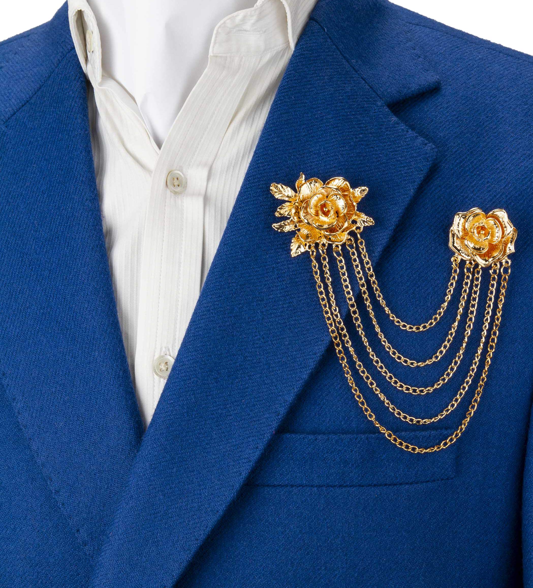 Knighthood Brooch Pin Elegant Gold Rose with Hanging Chains Formal Executive Lapel Pin Accessories for Men Women