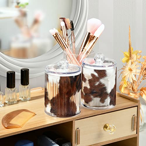 WELLDAY Apothecary Jars Bathroom Storage Organizer with Lid - 14 oz Qtip Holder Storage Canister, White Brown Print Cow Clear Plastic Jar for Cotton Swab, Cotton Ball, Floss Picks, Makeup Sponges,Hair