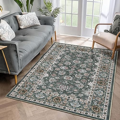 Zacoo Washable Rug Boho Rug Vintage 5x7 Area Rugs for Living Room Bedroom Dining Room Distressed Non Slip Rugs Carpet Non Shedding Oriental Rug Tribal Area Rugs Room Decor Green