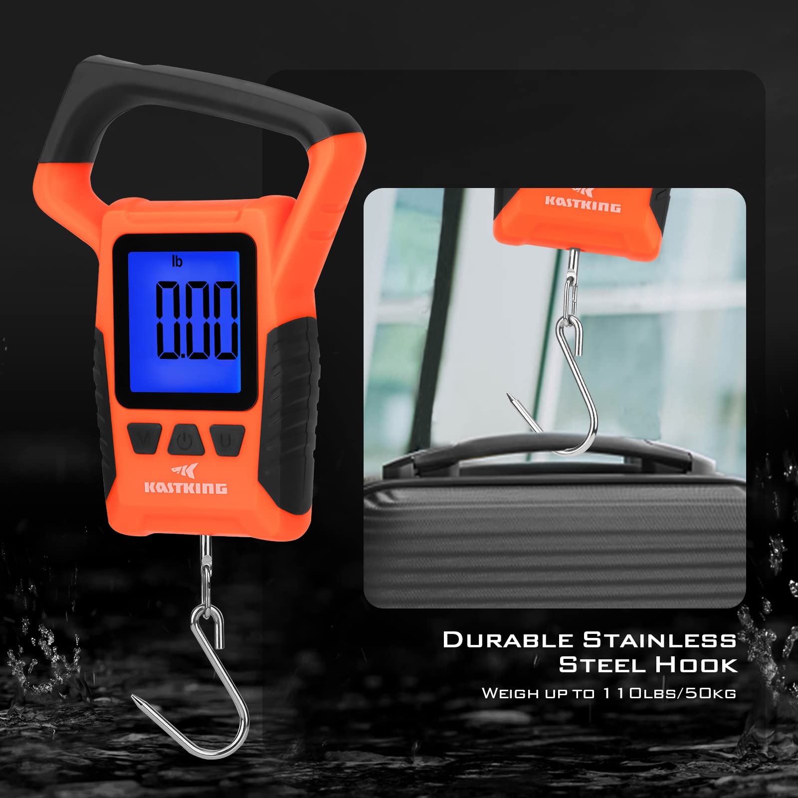 KastKing Waterproof Floating Digital Fishing Scale with No-Puncture Lip Gripper. Dual Mode - Pounds/Ounces & Kilograms. 0-50 Lbs/22.68 Kg, Lightweight ABS Frame, Non-Slip Handle